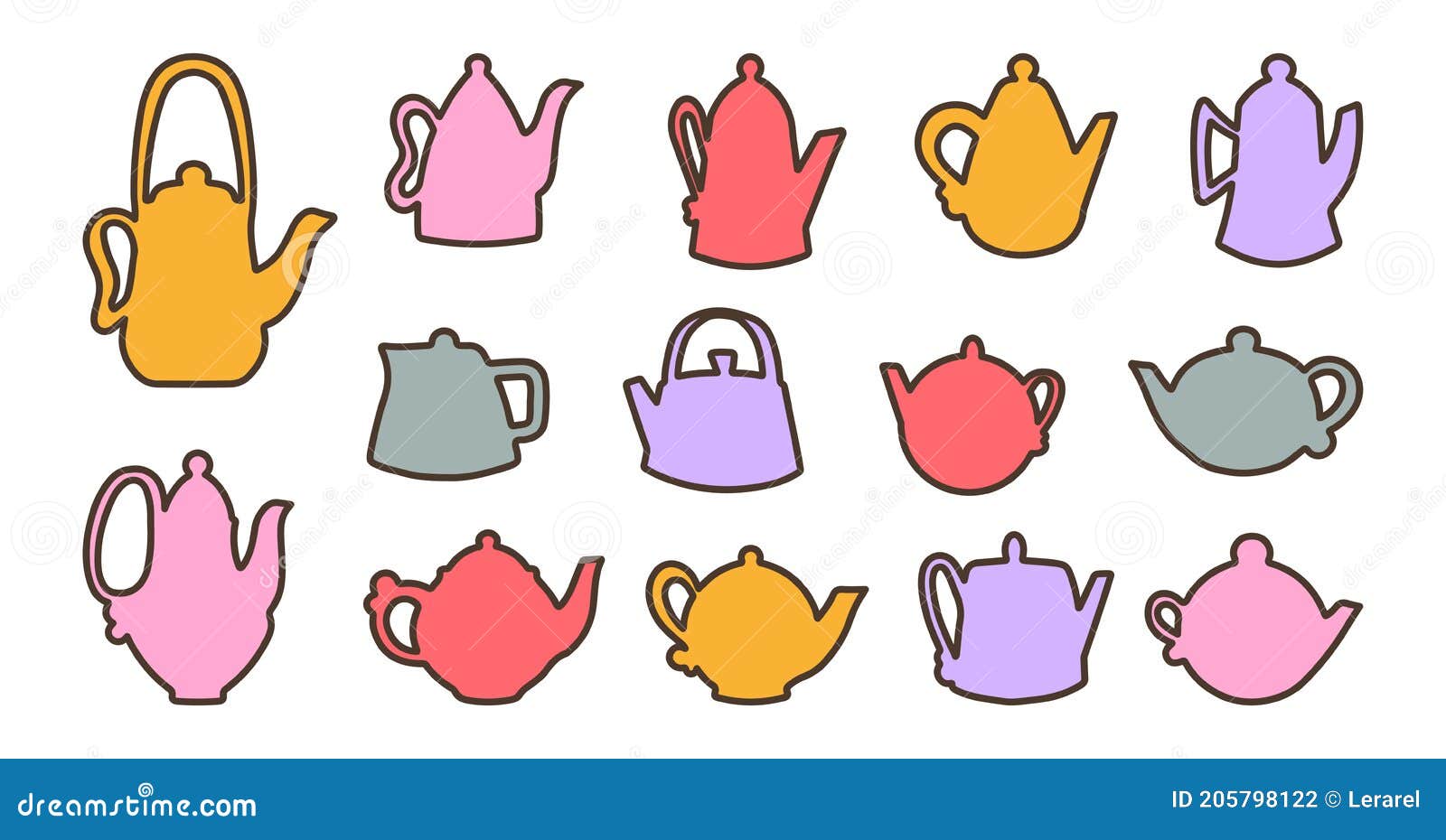 Vector Illustration of Ceramic Teapots in Colored Doodle Style. Cartoon ...
