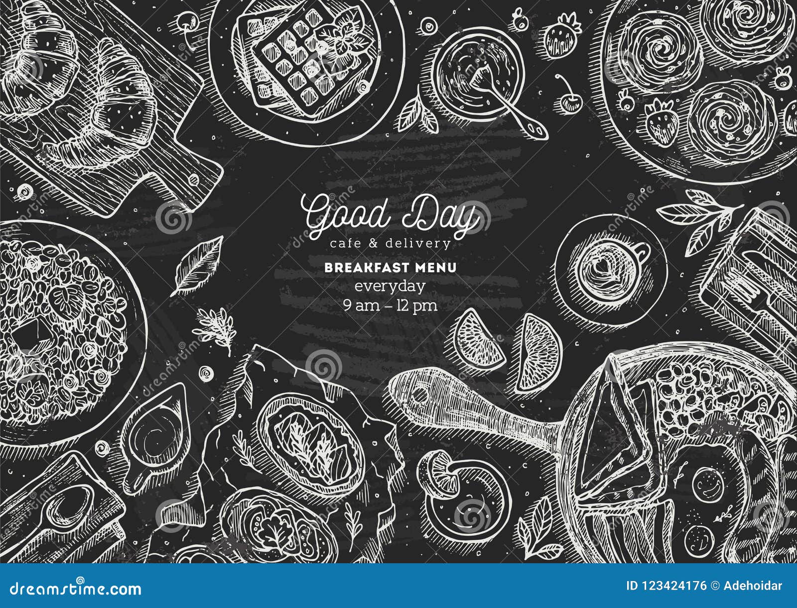 Chalkboard Breakfast Top View Illustration. Various Food Background ...