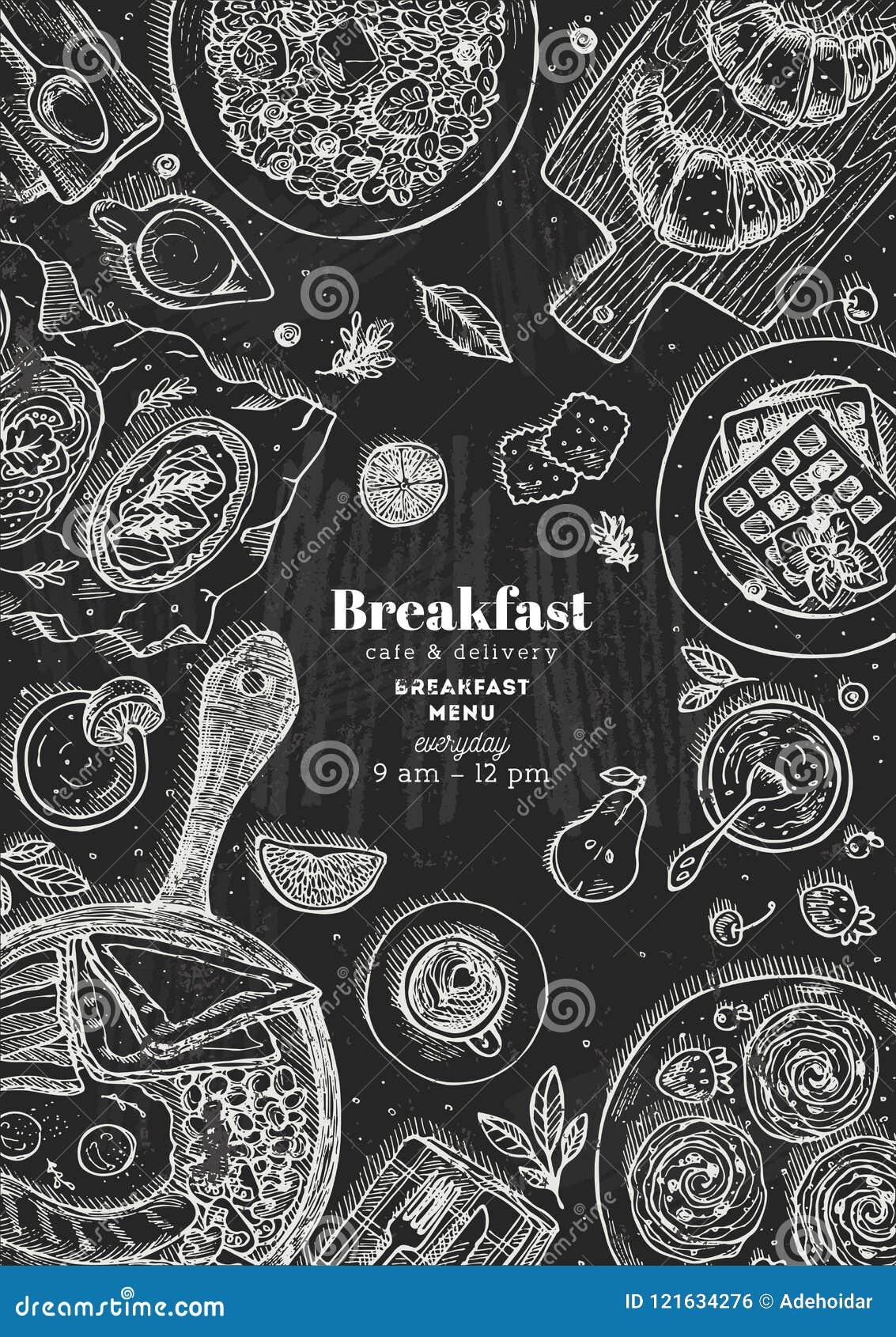 Chalkboard Vertical Breakfast Top View Illustration. Various Food ...