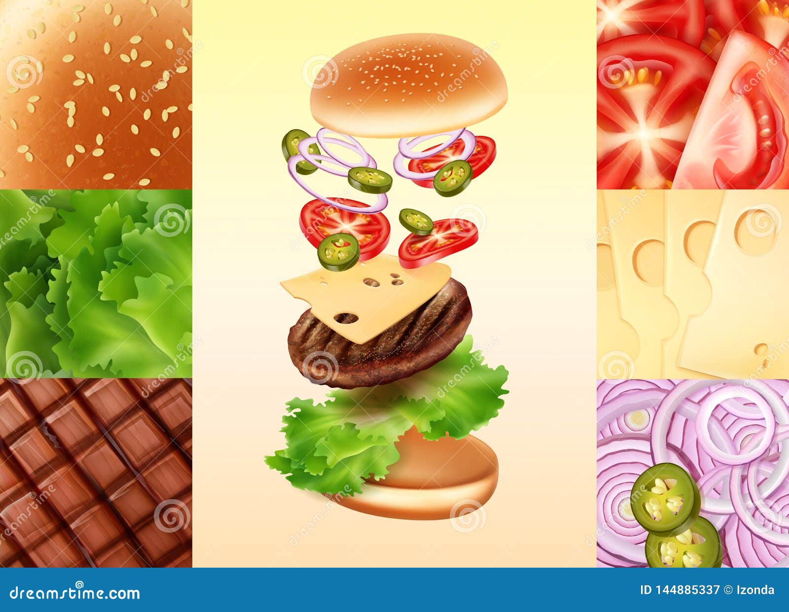 Vector Illustration Of Cheeseburger In Exploded View With Tomato ...