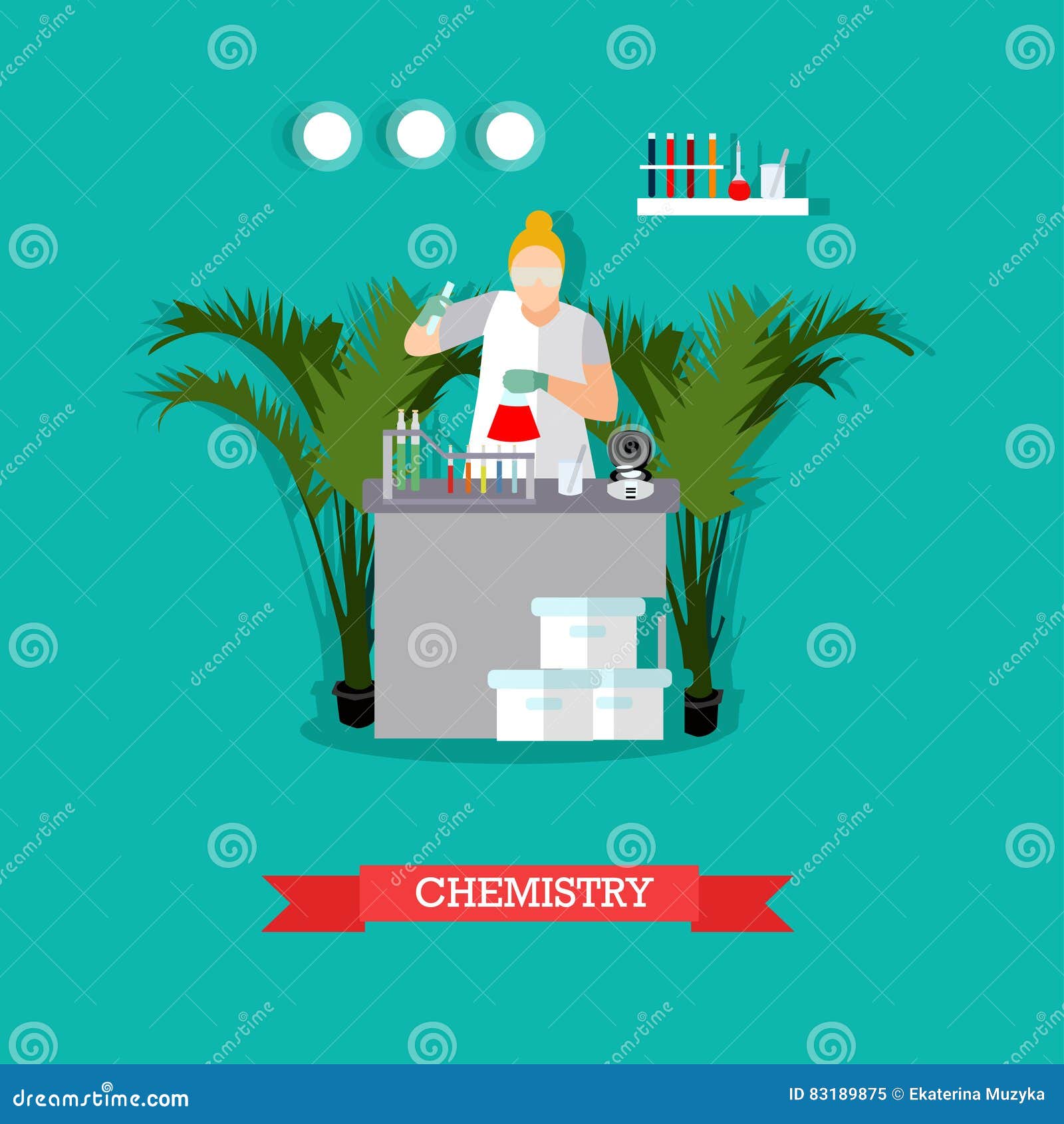 Vector Illustration Of Chemistry Laboratory And Woman Testing Chemical ...