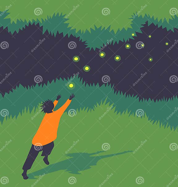 Vector Illustration Child Chasing Fireflies Stock Vector - Illustration ...