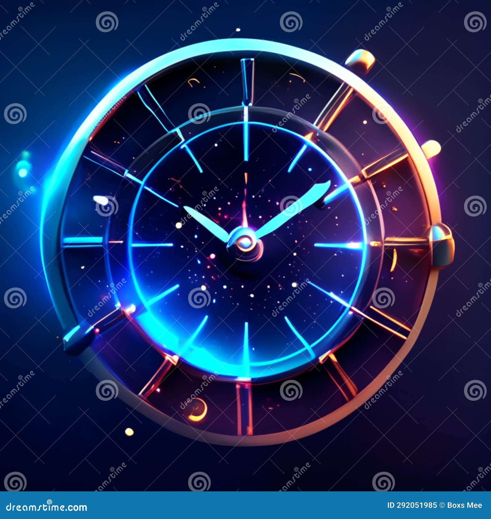 Vector Illustration of a Clock on a Dark Background in Neon Style ...