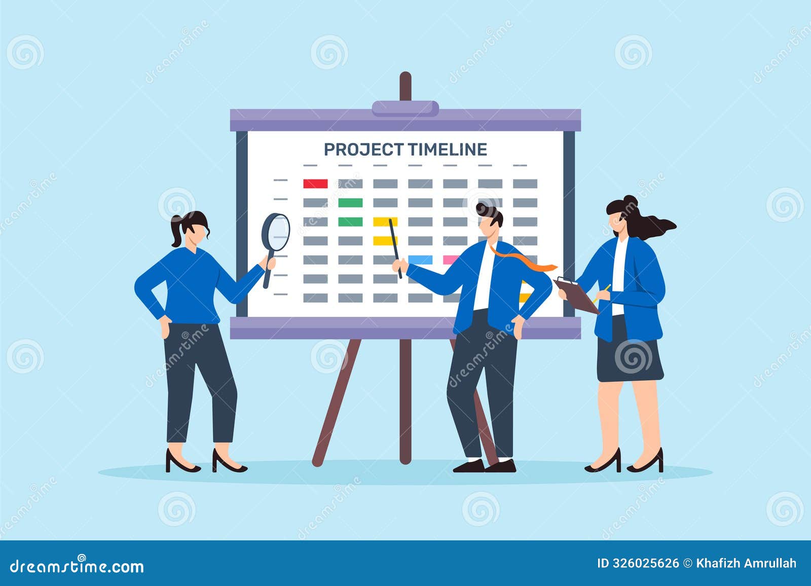 Vector Illustration of Colleagues Analyzing Project Timeline on ...