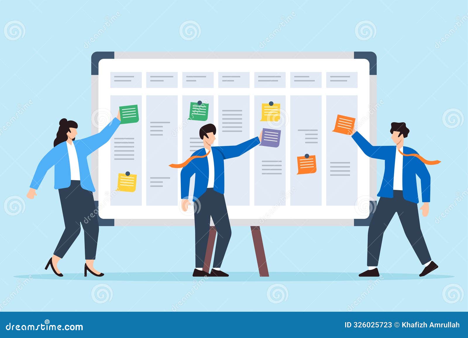Vector Illustration of Colleagues Using Sticky Notes To Outline Project ...
