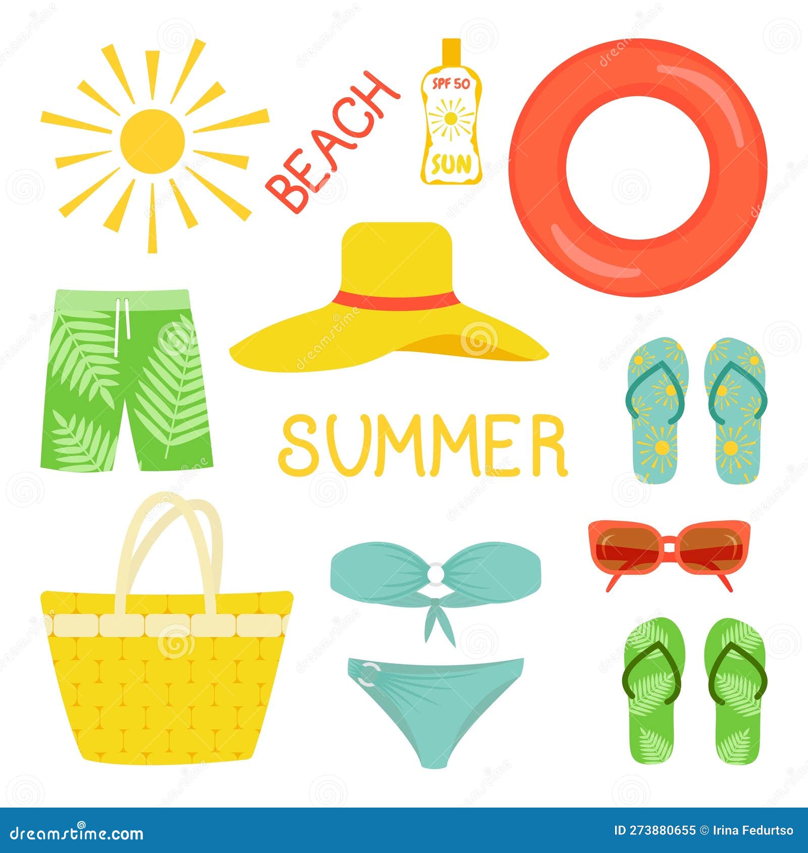Collection of Cartoon Summer Elements. Beach, Summer Accessory Stock ...