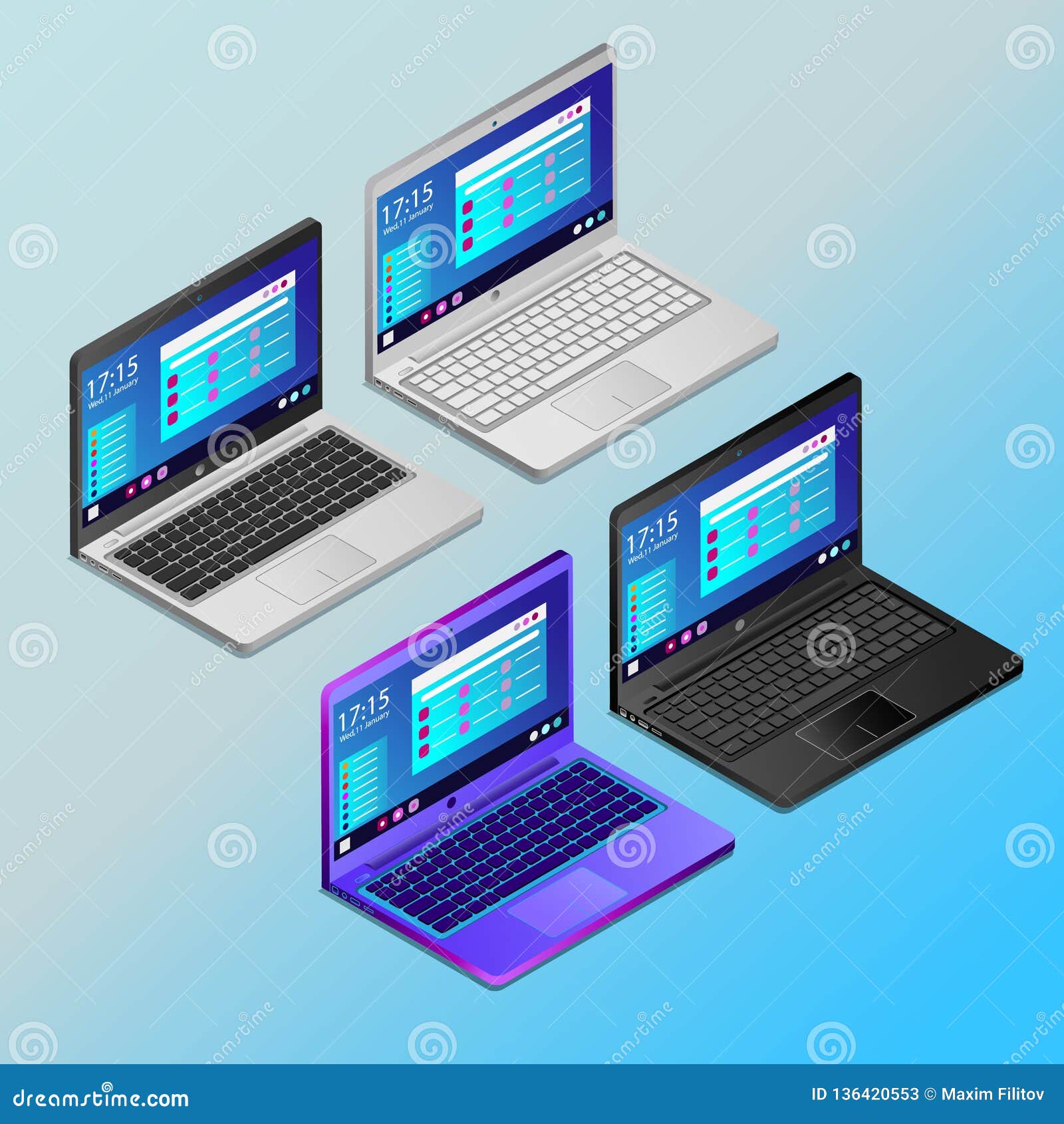 Colored Realistic Laptops with Working Screens in Isometry Stock Vector ...
