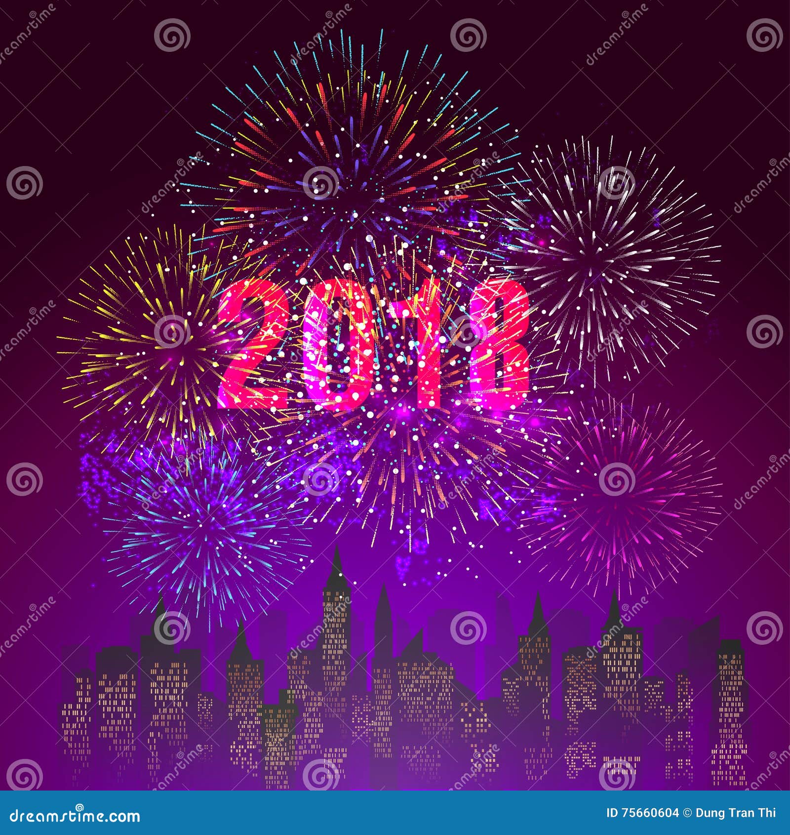 Vector Illustration of Colorful Fireworks. Happy New Year 2018 Theme ...
