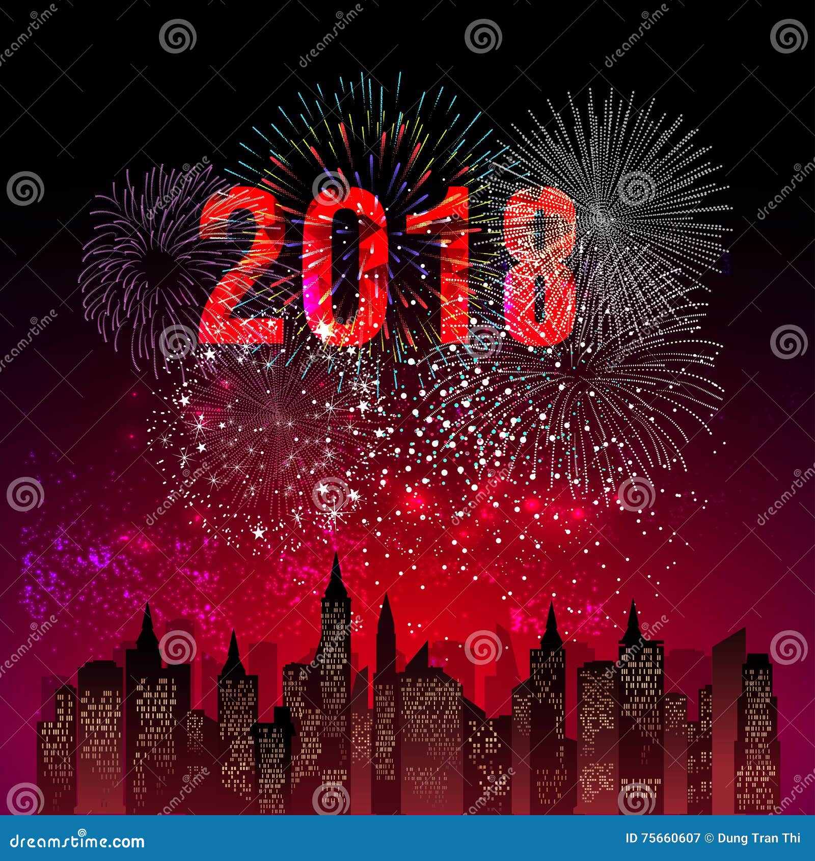 Vector Illustration of Colorful Fireworks. Happy New Year 2018 Theme ...