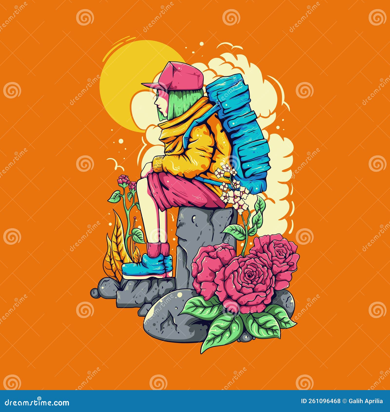 Vector Illustration Colorful Hiker Carrying Backpack Sit on the Stone ...