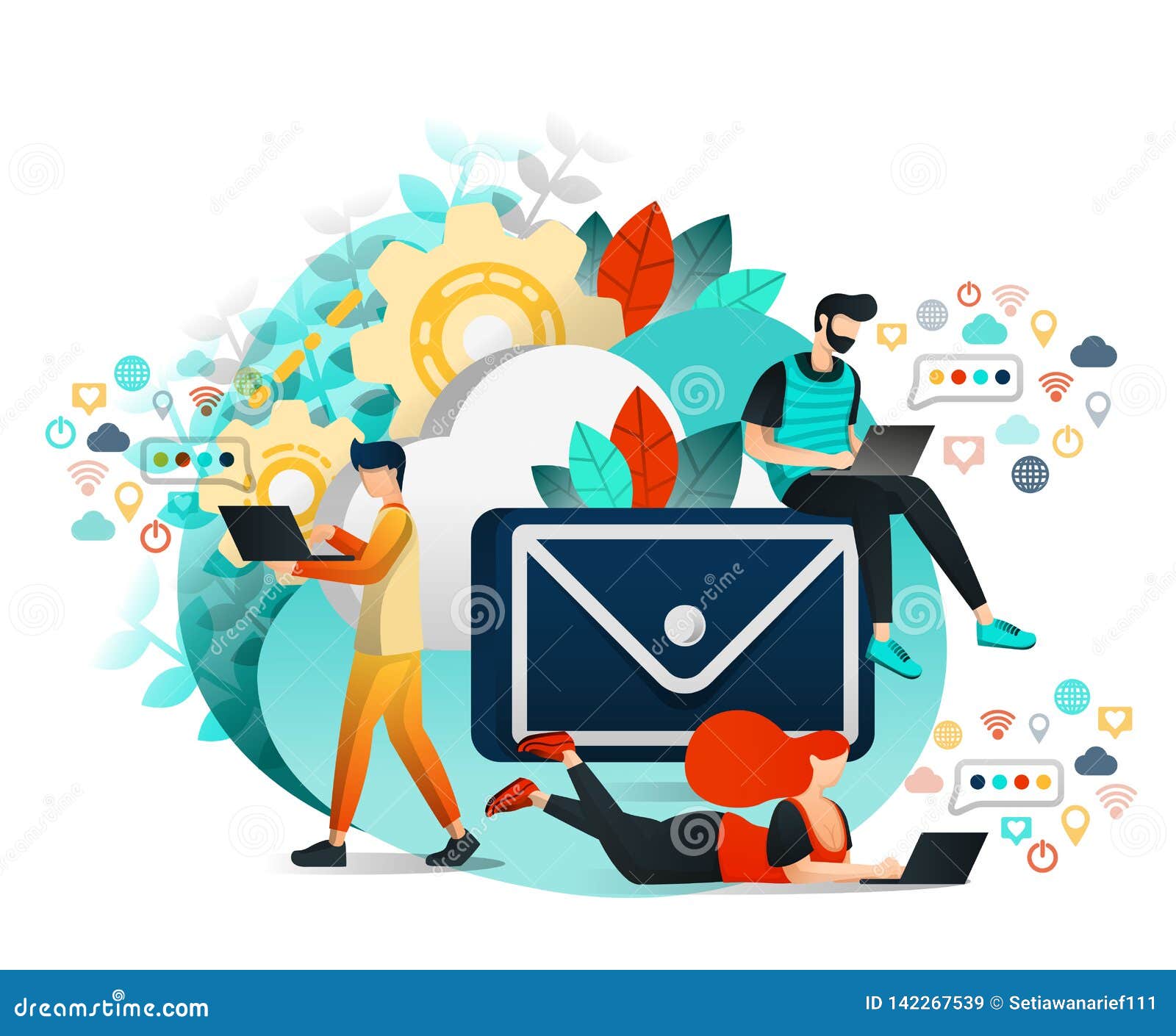 Vector Illustration Of Communication And Internet, Group Of People Who ...