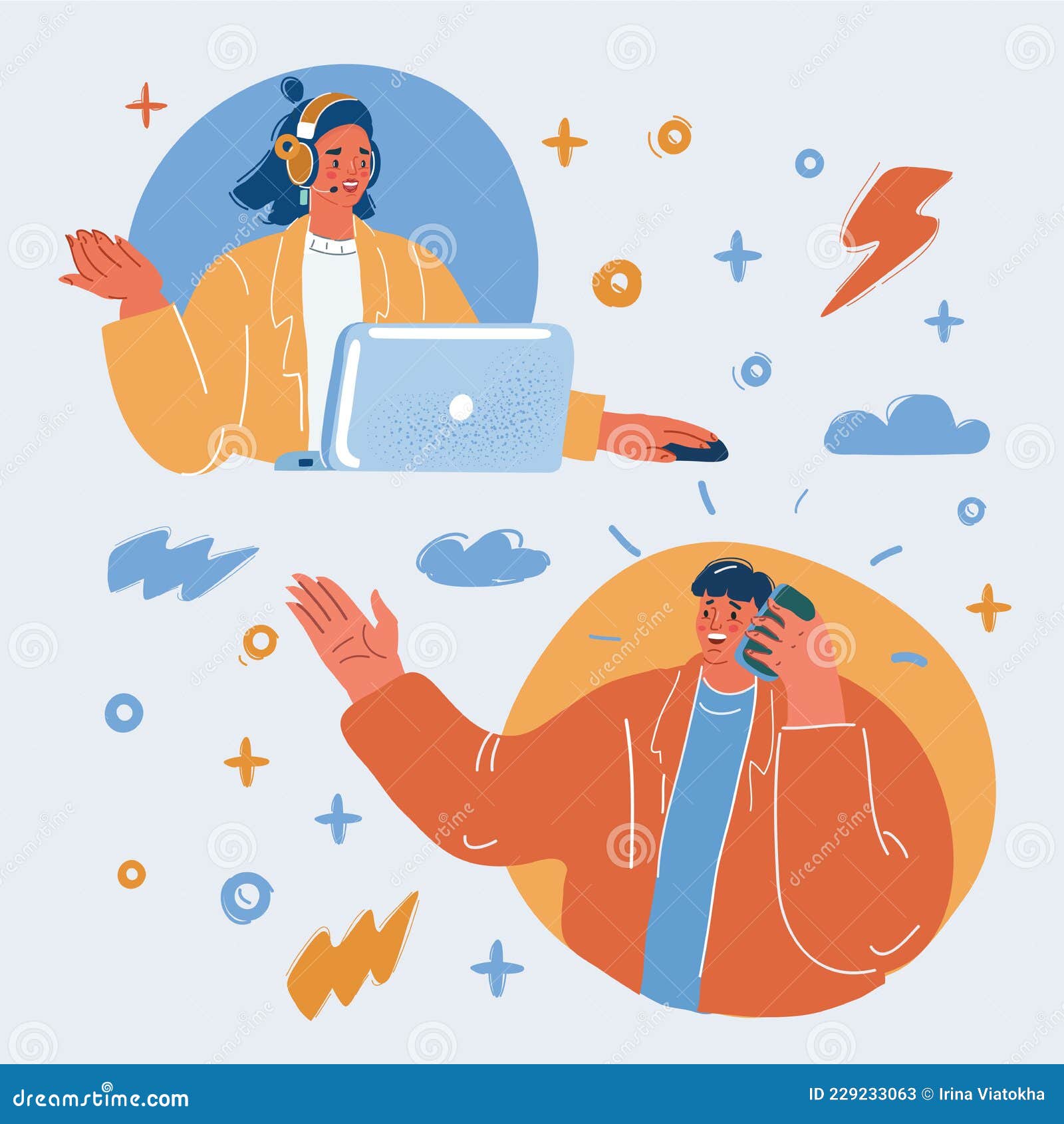 Vector Illustration of Communication Man Calling in Support Service ...