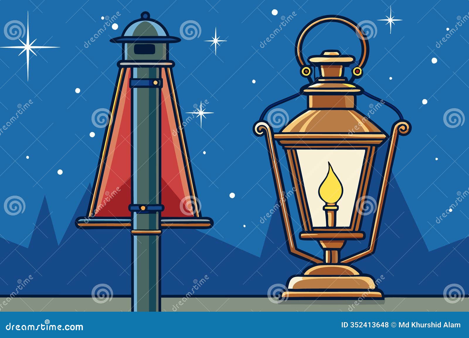Vector Illustration Comparing an Old Gas Lantern and a Modern ...