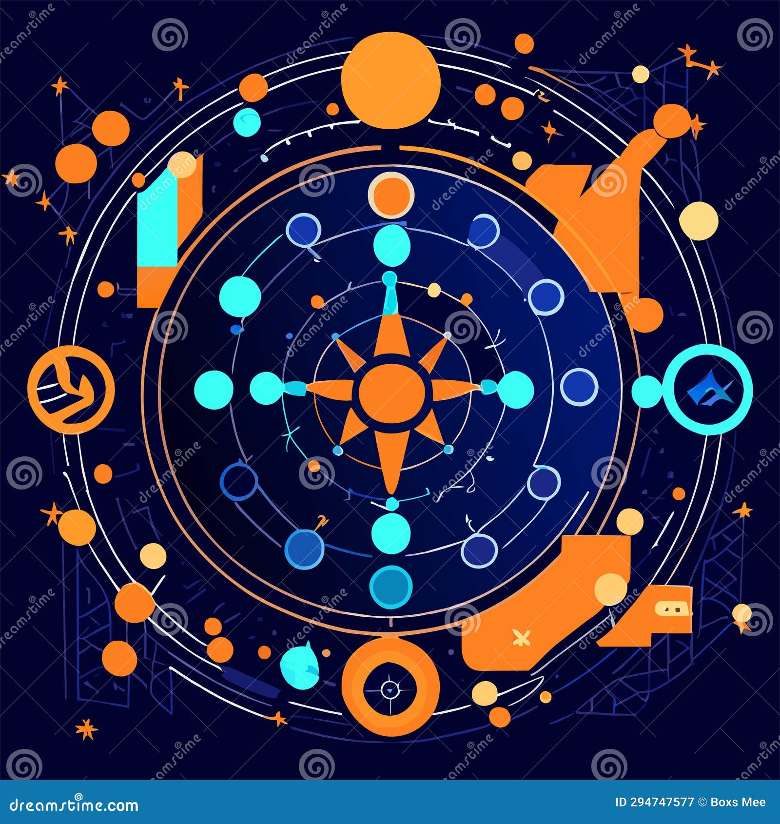 Vector Illustration of a Compass on a Dark Blue Background. the Concept ...