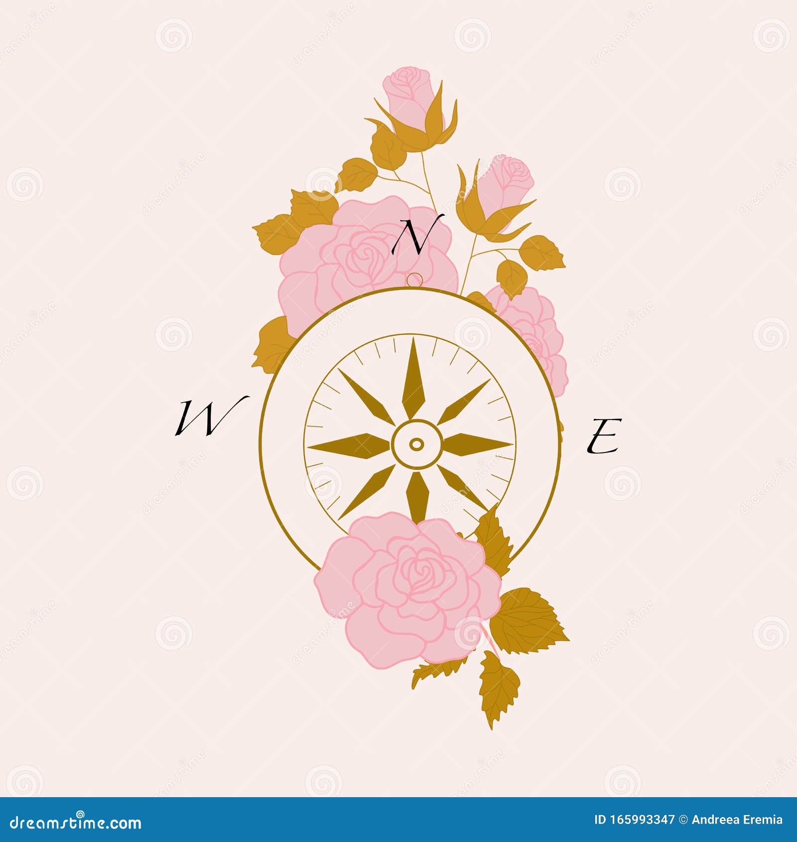 Vector Illustration with Compass and Pink Roses Stock Vector ...