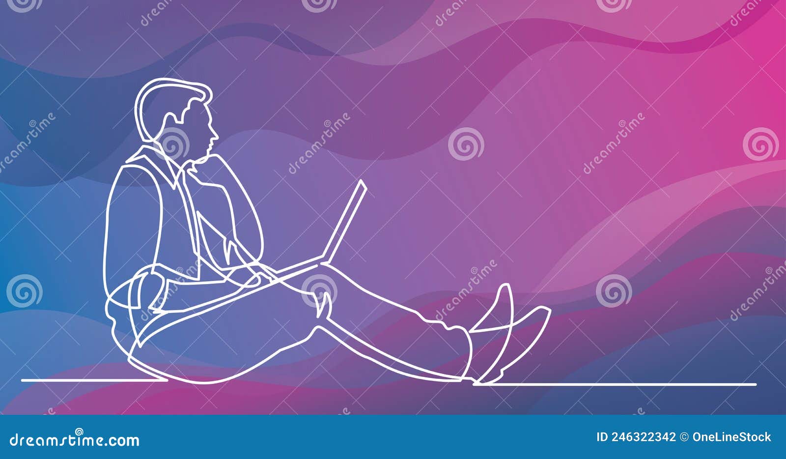 Continuous Line Drawing of Businessman Sitting Thinking with Laptop ...