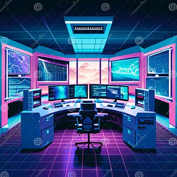 Vector Illustration of a Control Room with Computers, Monitors and ...