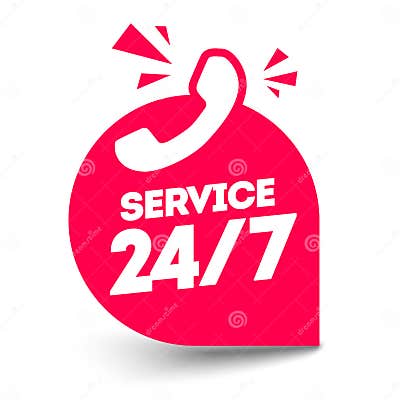 Vector Illustration Flat Red 24/7 Service Label with Phone Icon. Modern ...