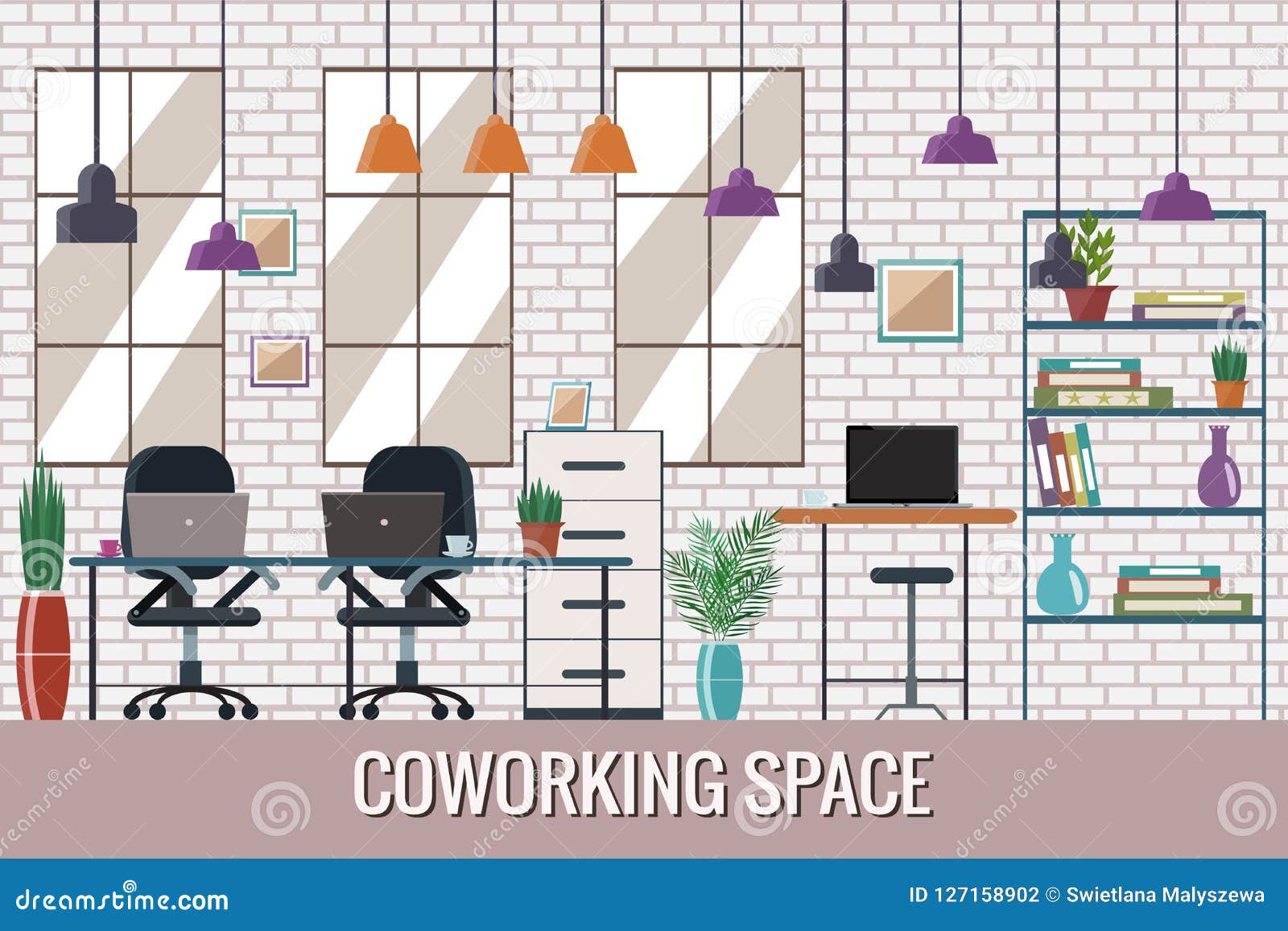 Vector Illustration of Coworking Space. Working Place, Office. Flat ...