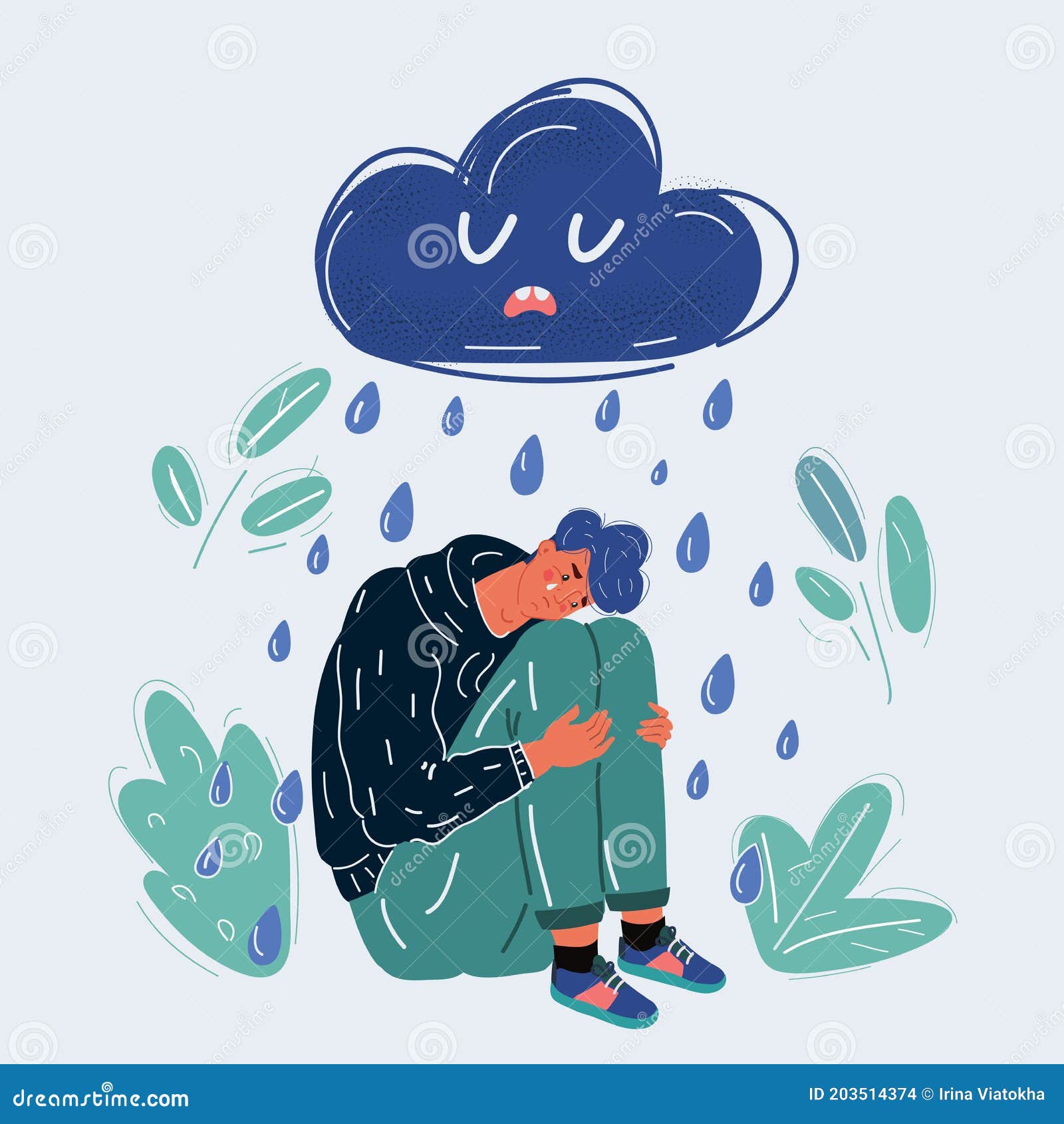 Vector Illustration of Cry Man Under Rainy Cloud. Stock Vector ...