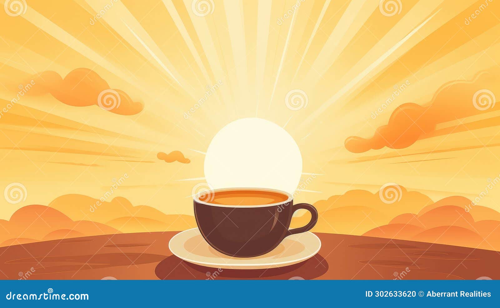 Vector Illustration of a Cup of Coffee on a Saucer in Front of the Sun ...