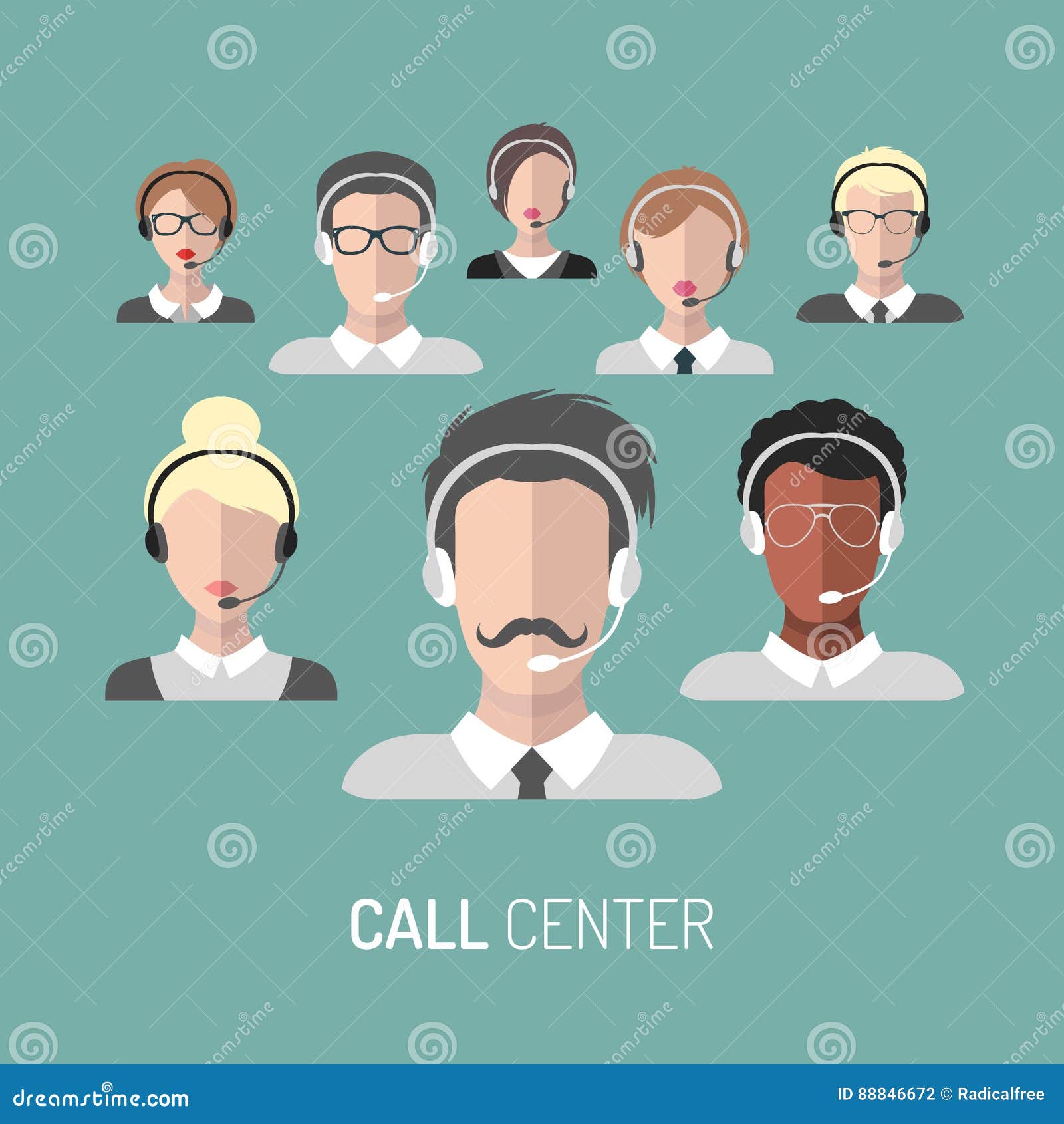 Vector Illustration of Customer Service, Call Center Operators Icons ...