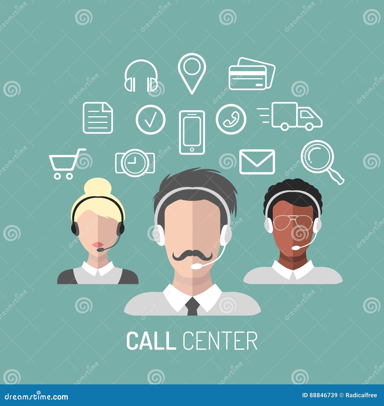 Vector Illustration of Customer Service, Call Center Operators Icons ...