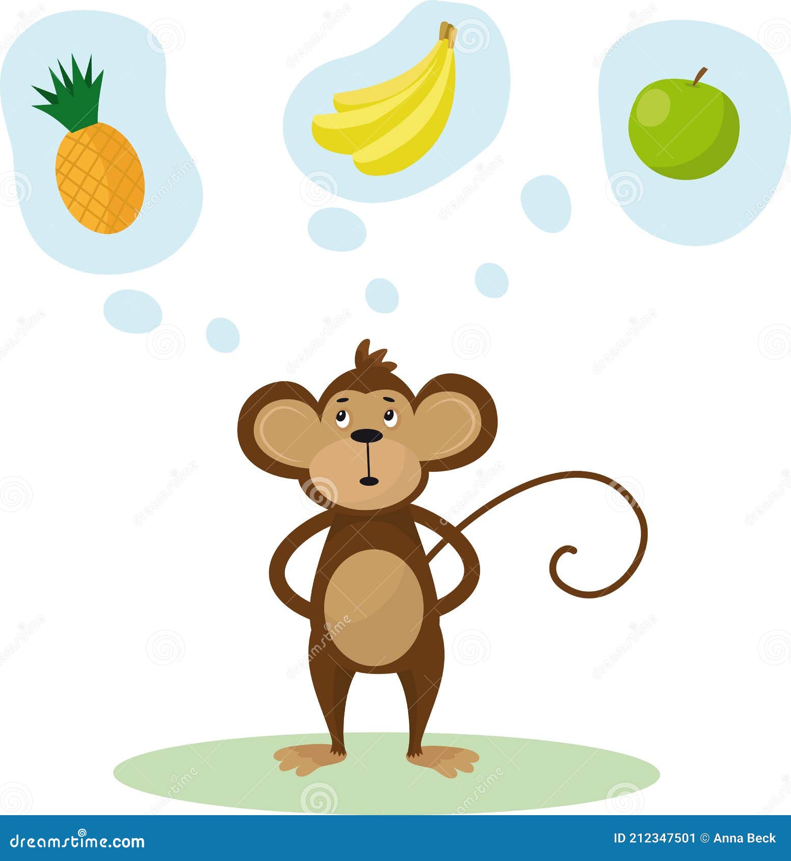 Vector Illustration of a Cute Cartoon Monkey with Banana, Apple and ...