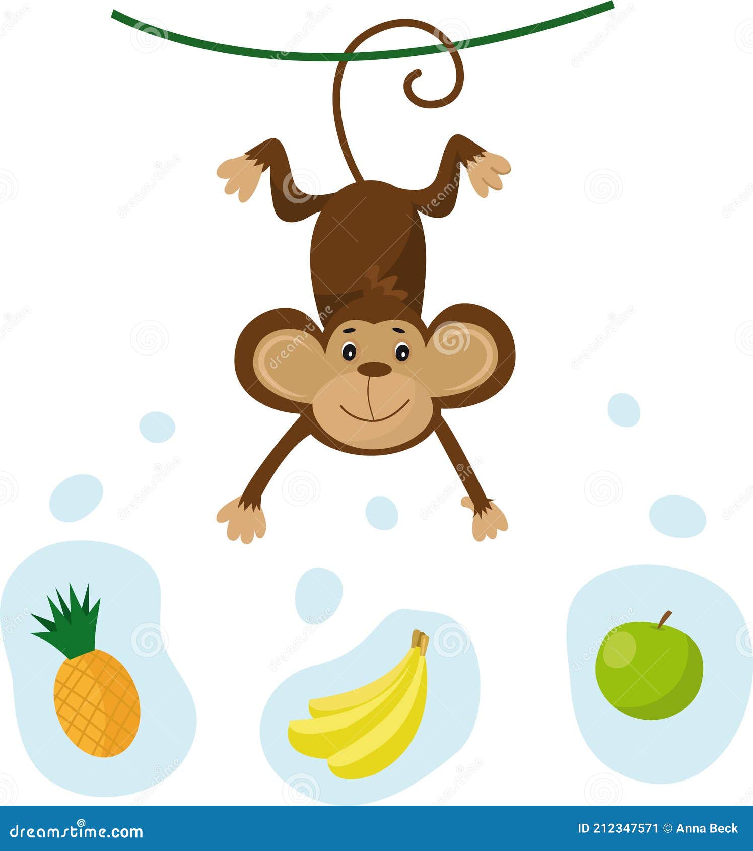 Vector Illustration of a Cute Cartoon Monkey with Banana, Apple and ...