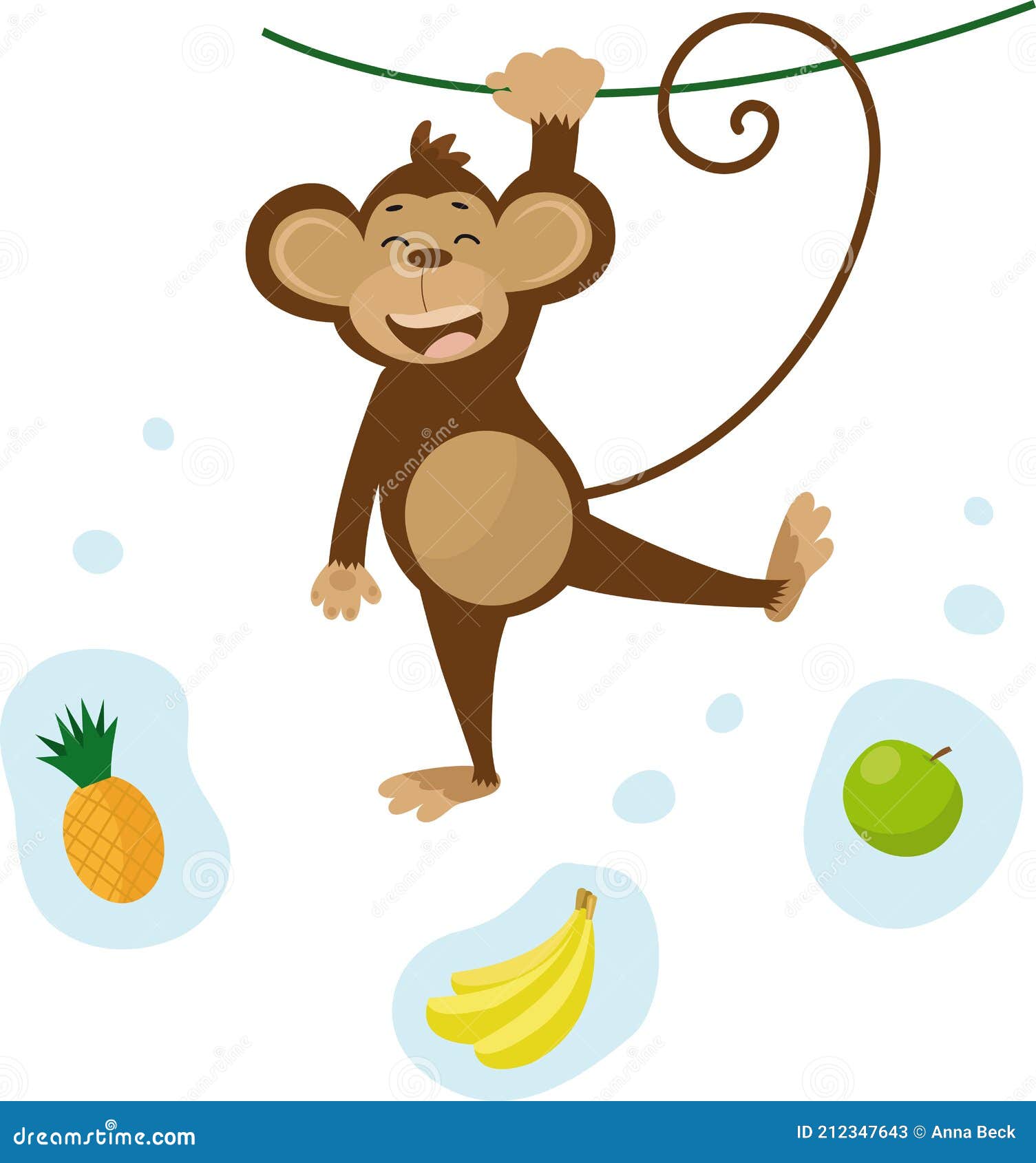 Vector Illustration of a Cute Cartoon Monkey with Banana, Apple and ...