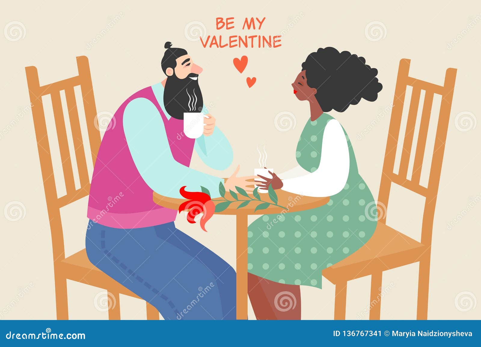 Vector Illustration of Cute Couple Siting in a Cafe and Drinking Coffee ...
