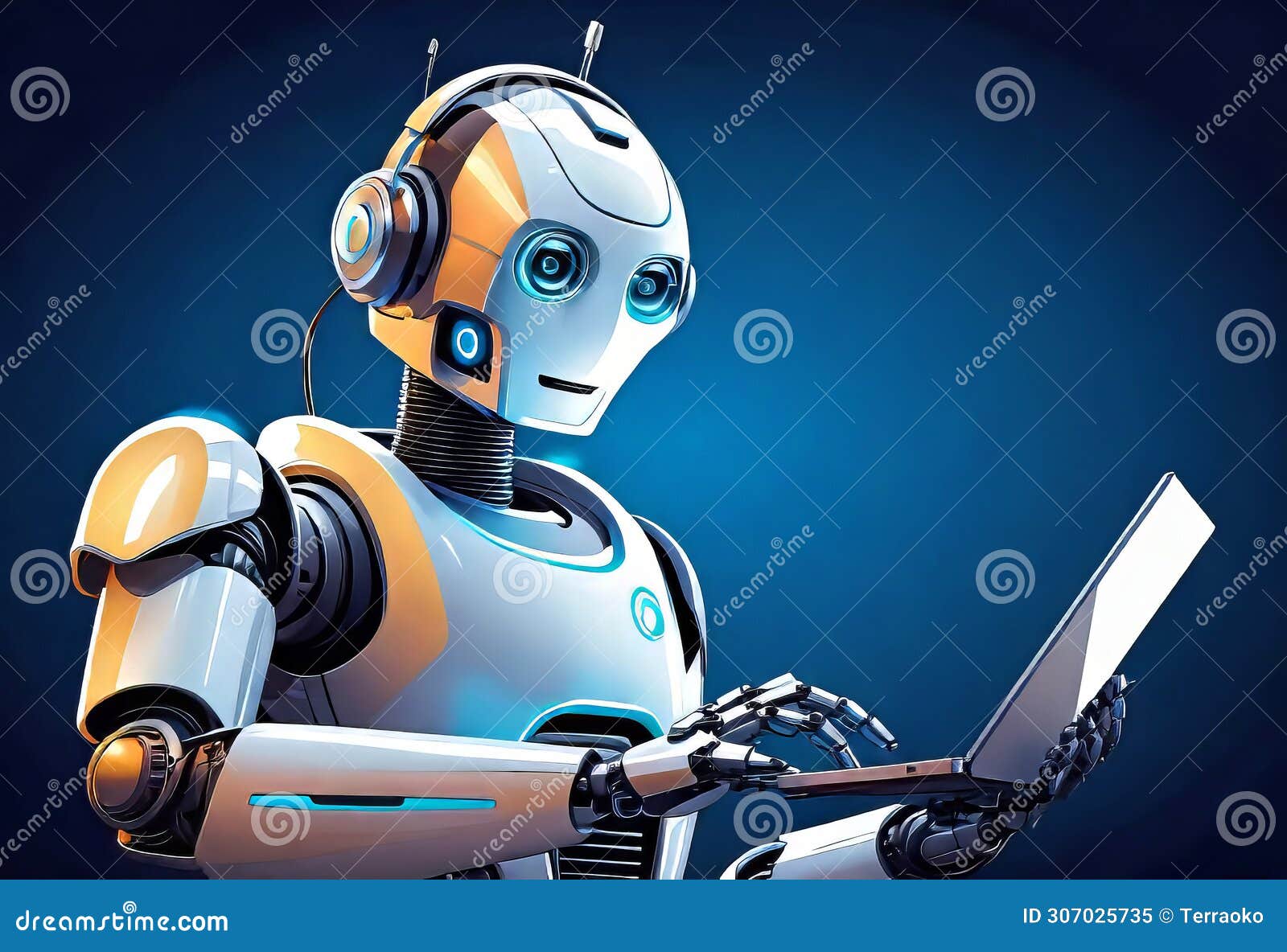 Vector Illustration, Cute Customer Service Robot Poster with Copy Space ...