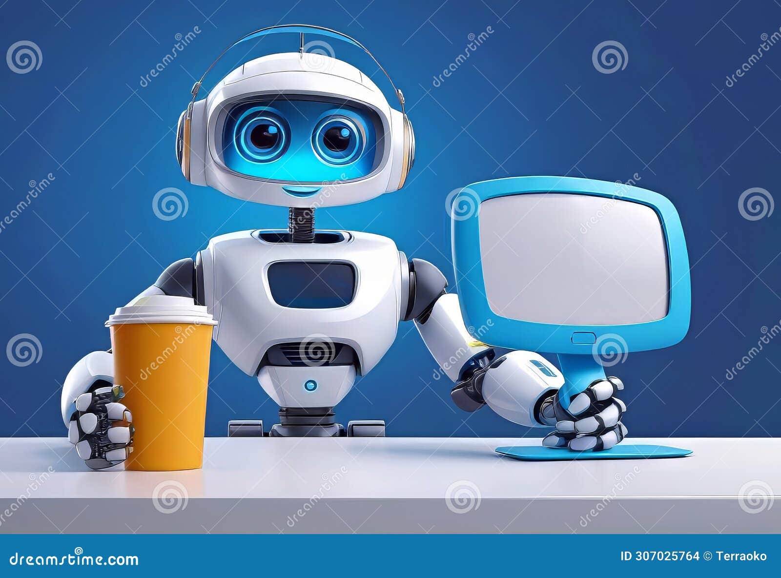 Vector Illustration, Cute Customer Service Robot Poster with Copy Space ...