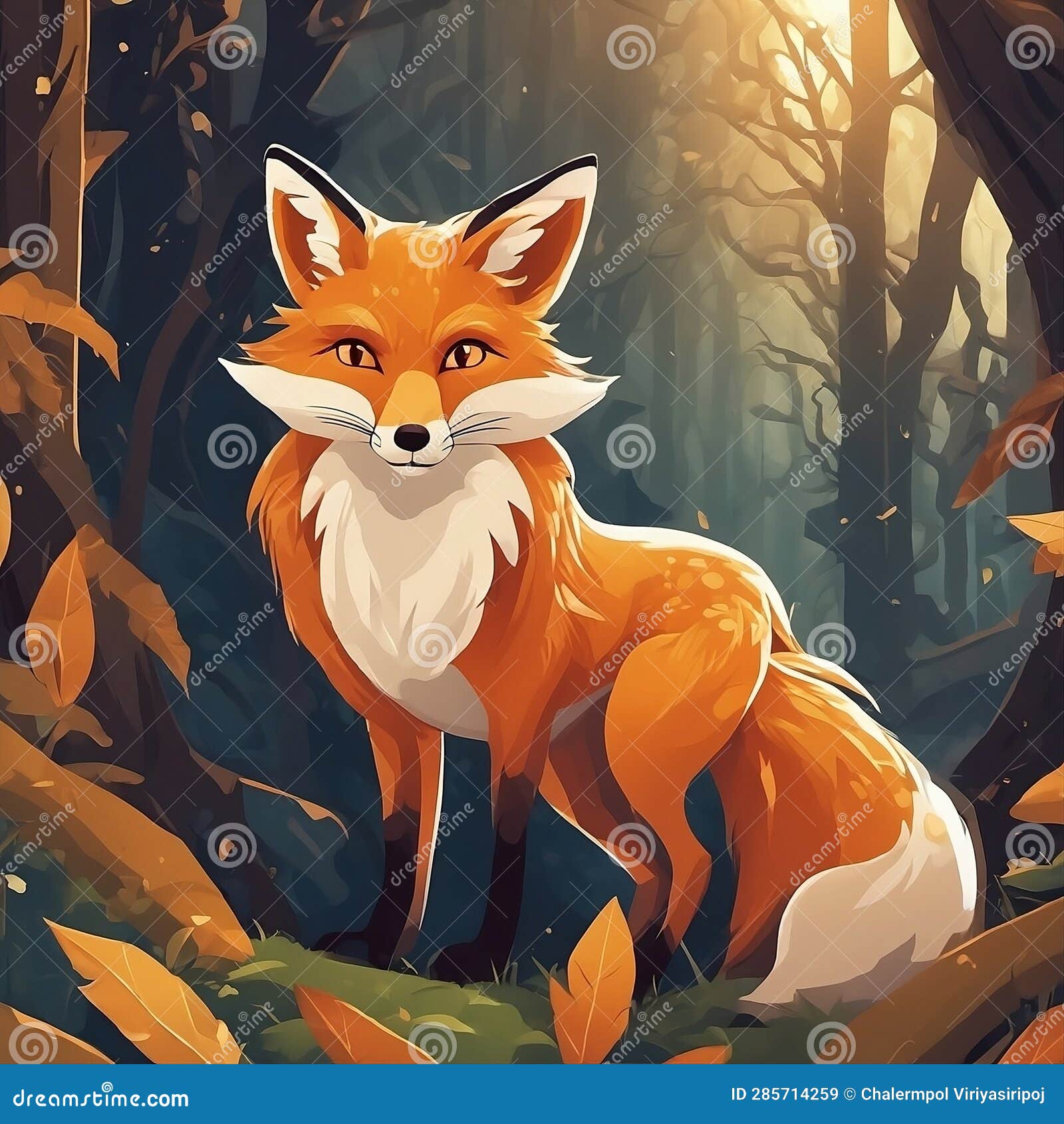Vector Illustration of a Cute Fox in the Forest. Stock Illustration ...