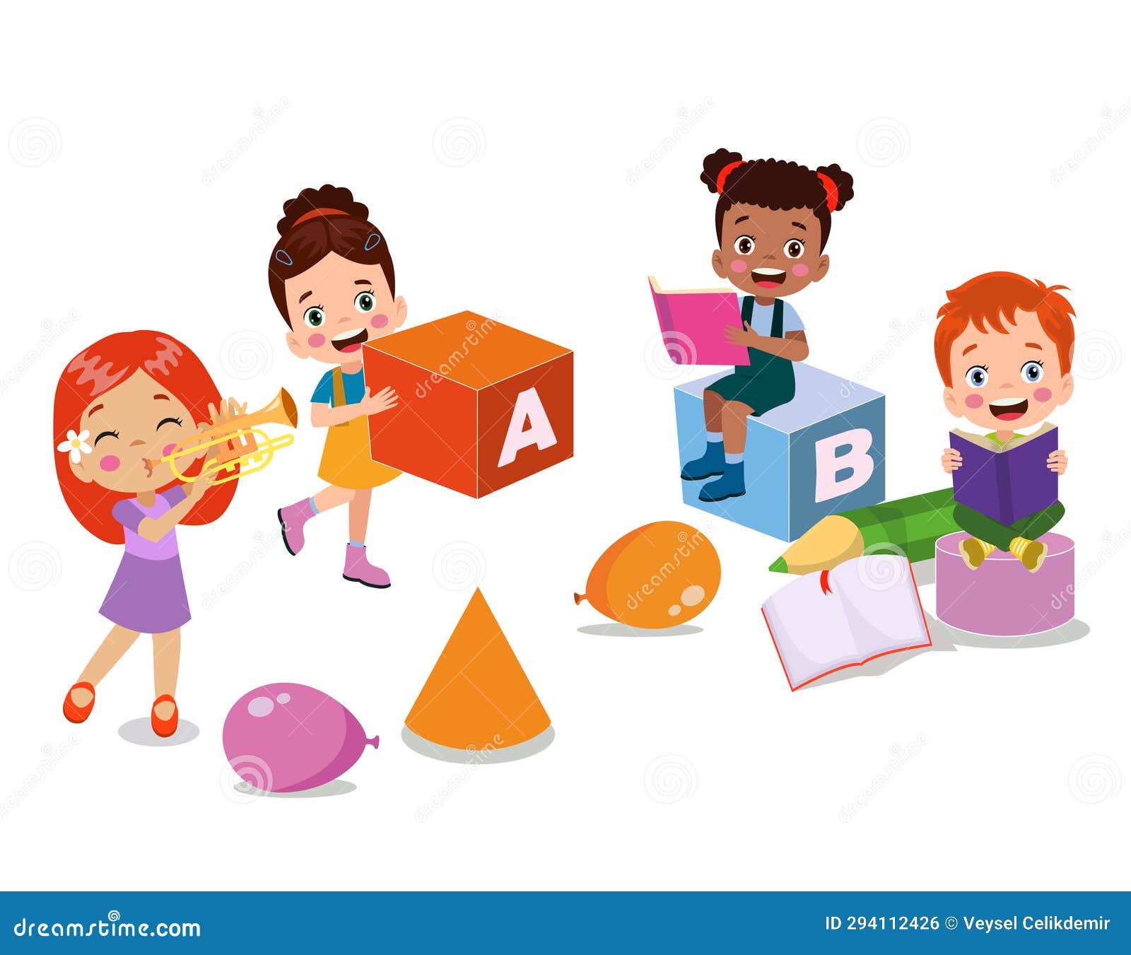 Vector Illustration of Cute Kids with Abc Blocks, Abc Letters Stock ...