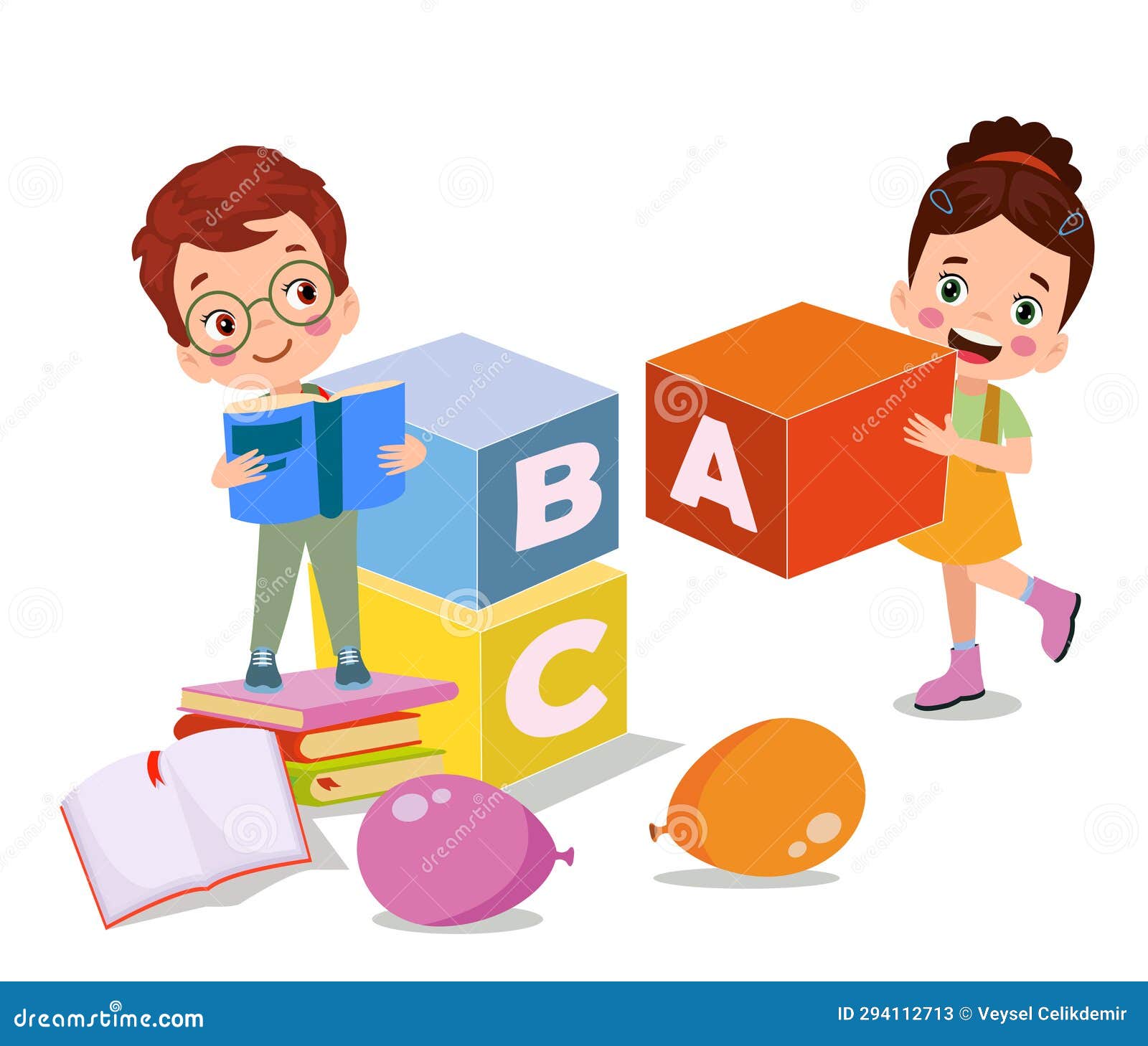 Vector Illustration of Cute Kids with Abc Blocks, Abc Letters Stock ...