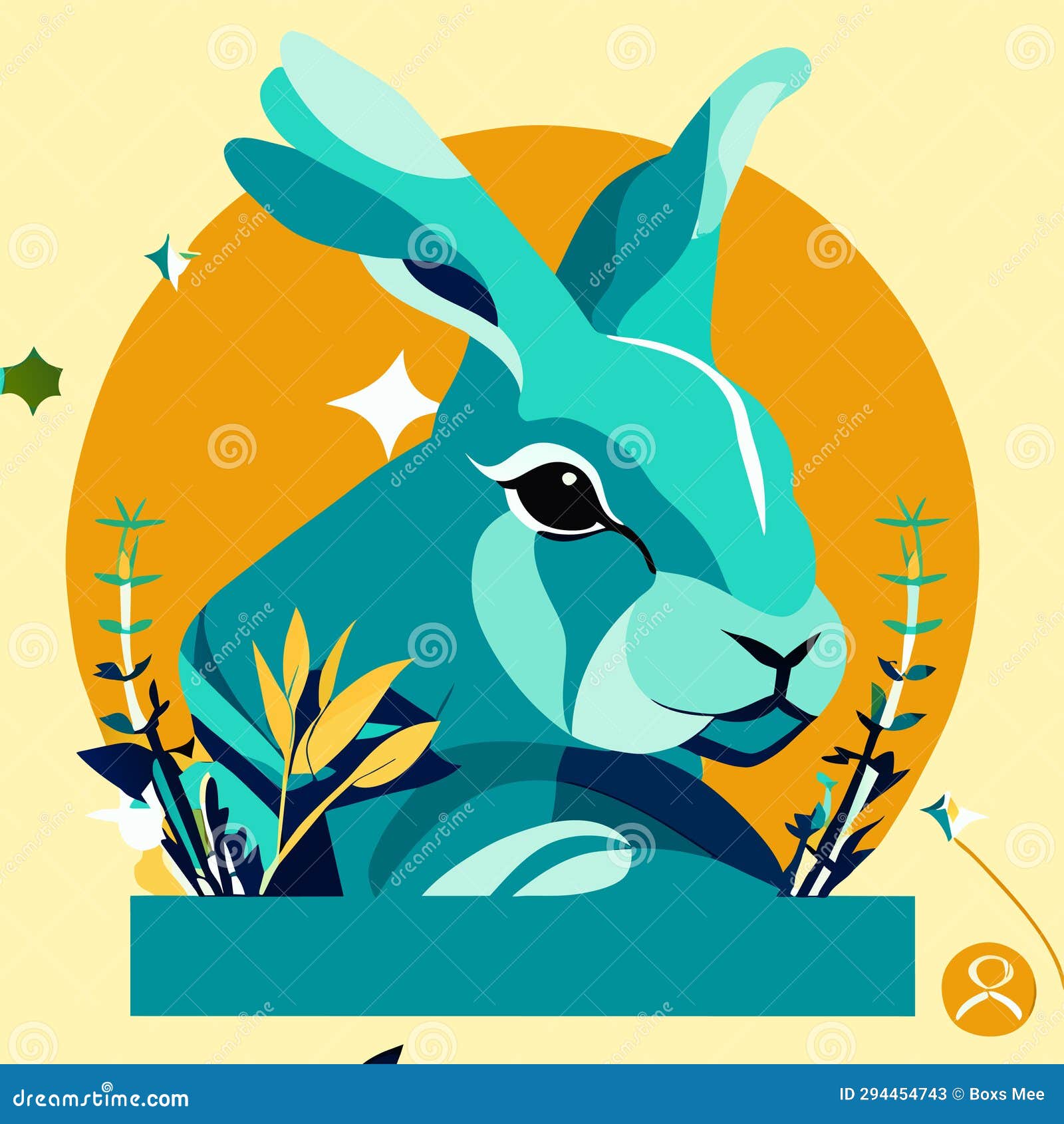 Vector Illustration of a Cute Rabbit on a Yellow Background with Leaves ...
