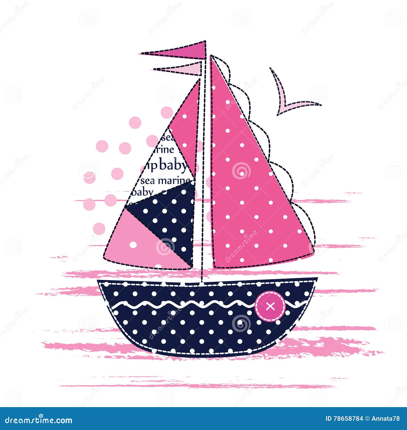 Cute Sailing Boat On Waves Cartoon Vector Illustration Motif Set. Hand ...