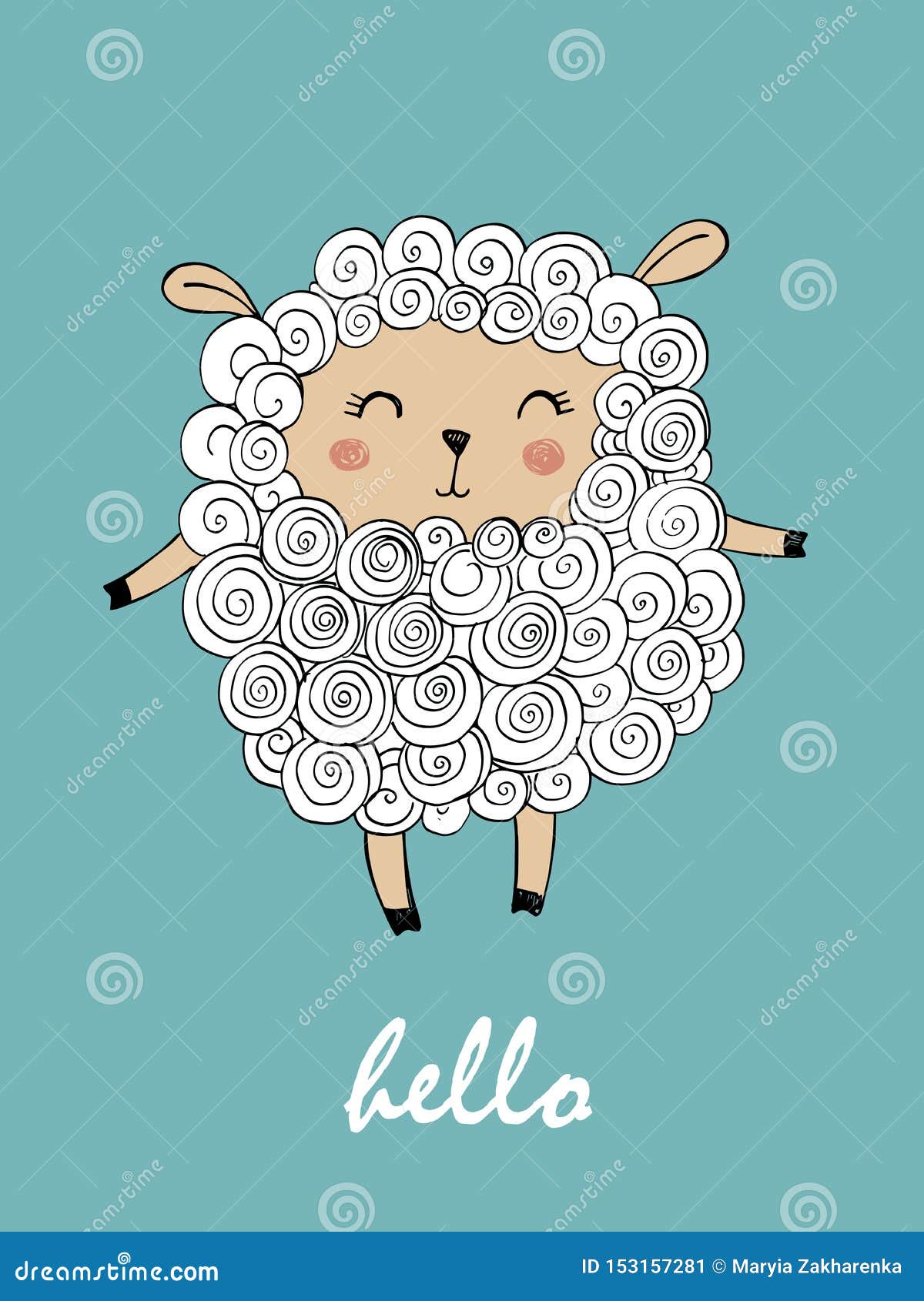 Vector Illustration of Cute Sheep - Lamb. Hand Writing - Hello. Stock ...