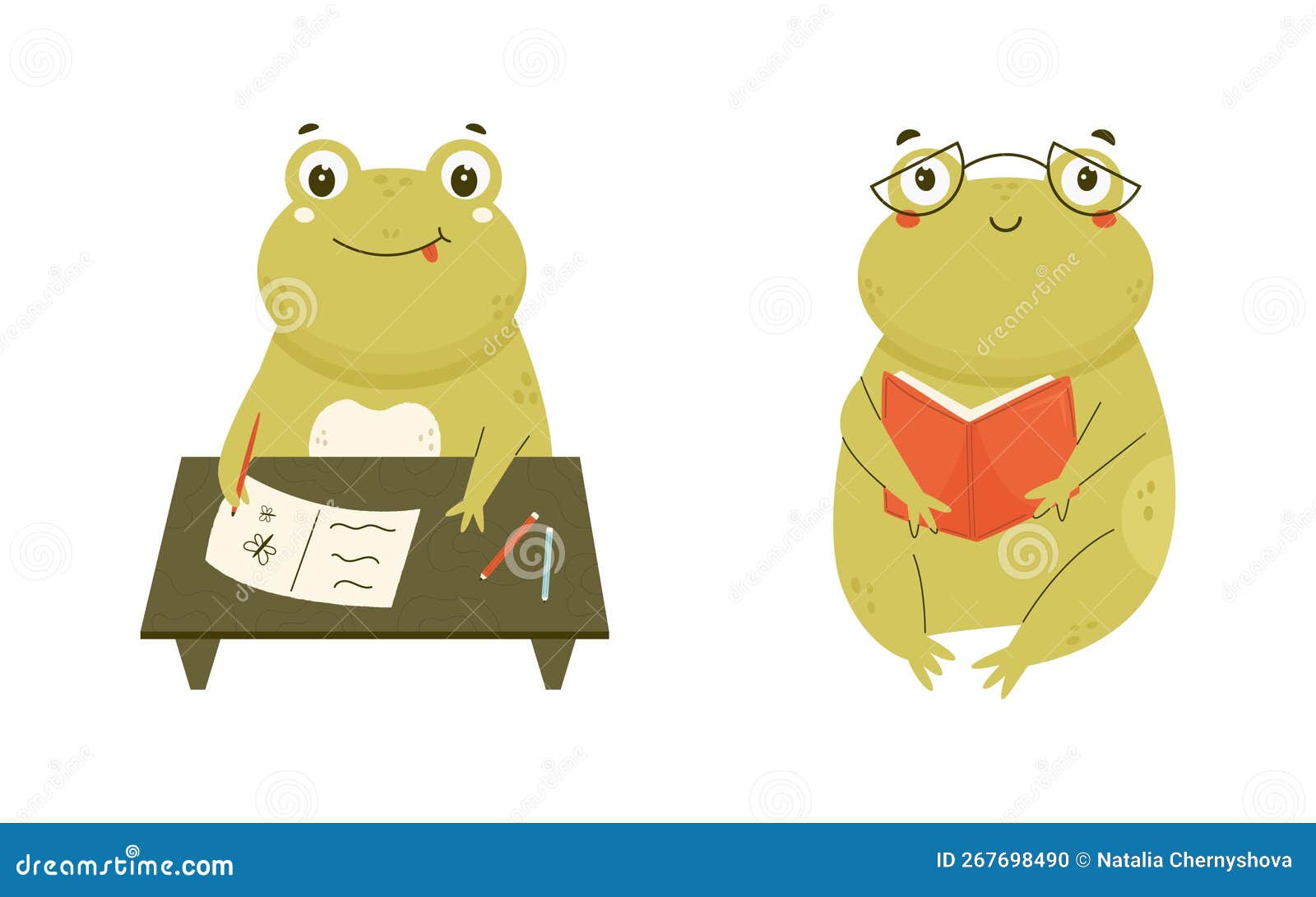 Vector Illustration of a Cute Smart Frogs Reading and Doing a Homework ...