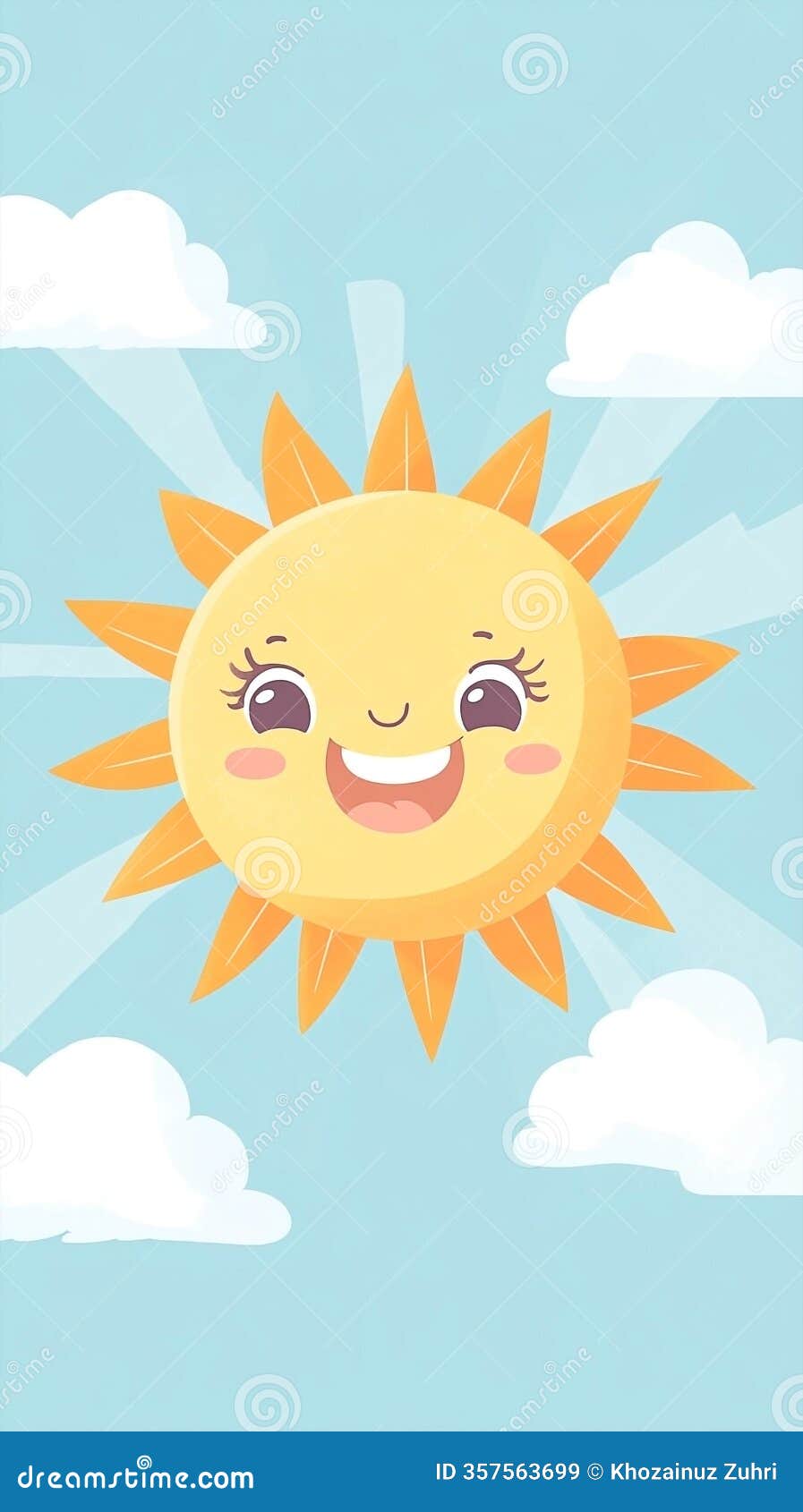 A Cute Yellow Sun with a Smiling Face and Eyelashes Surrounded by White ...
