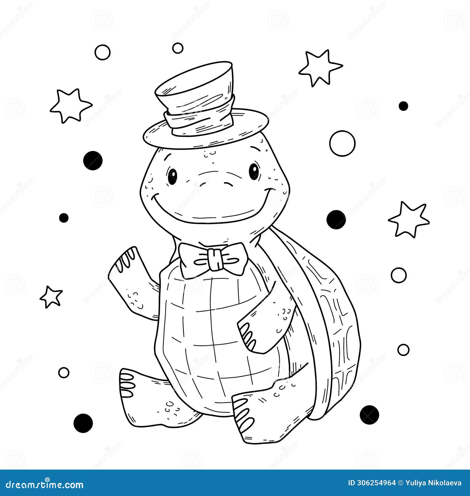 Vector Illustration of a Cute Turtle in a Hat in Doodle Style Hand Draw ...