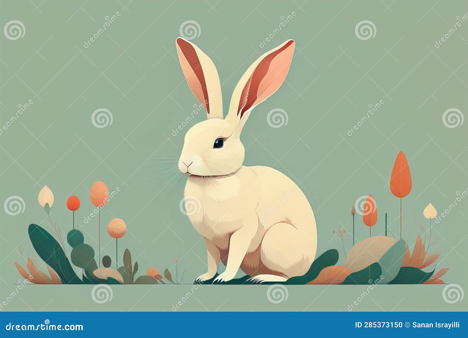 Vector Illustration of a Cute White Rabbit Sitting on a Gray Background ...