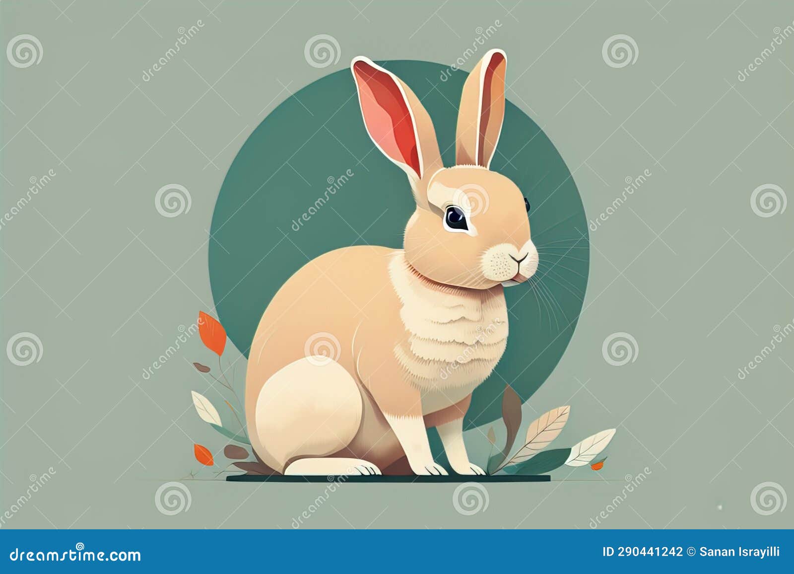 Vector Illustration of a Cute White Rabbit Sitting on a Gray Background ...