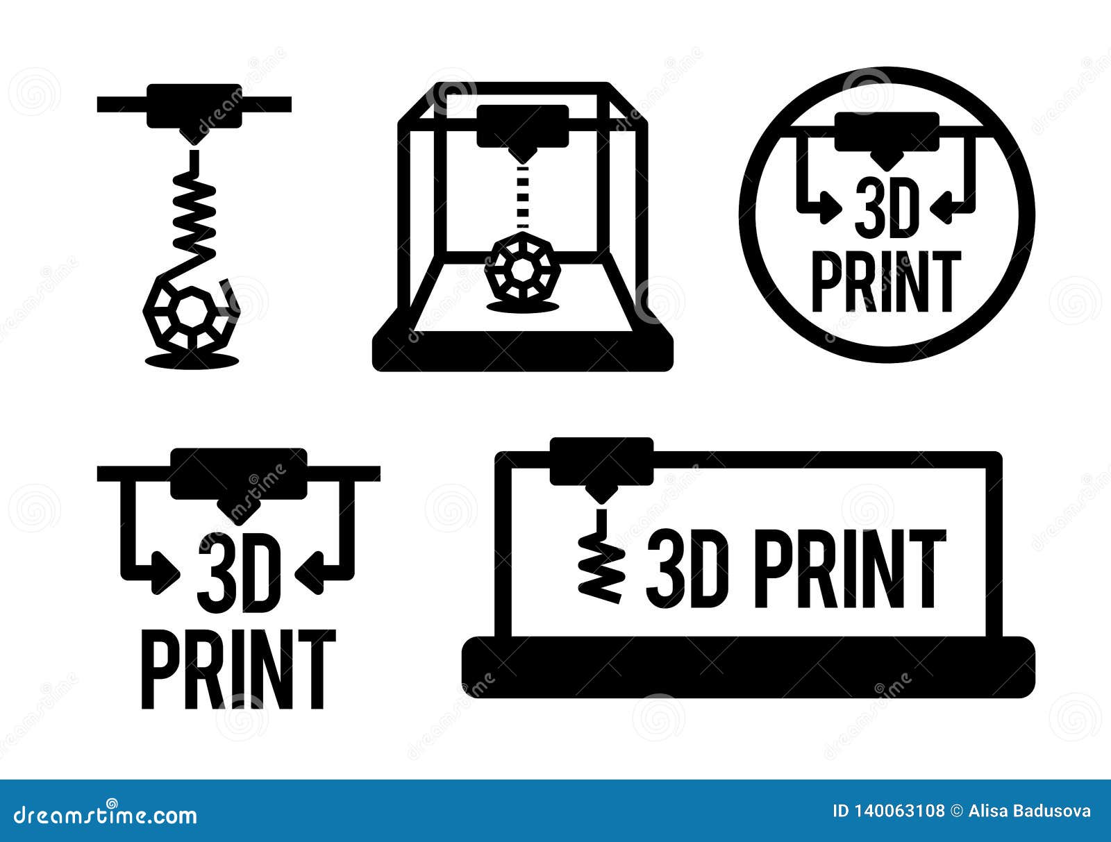 Vector Illustration of 3d Printing Process in Black Colour Isolated on ...