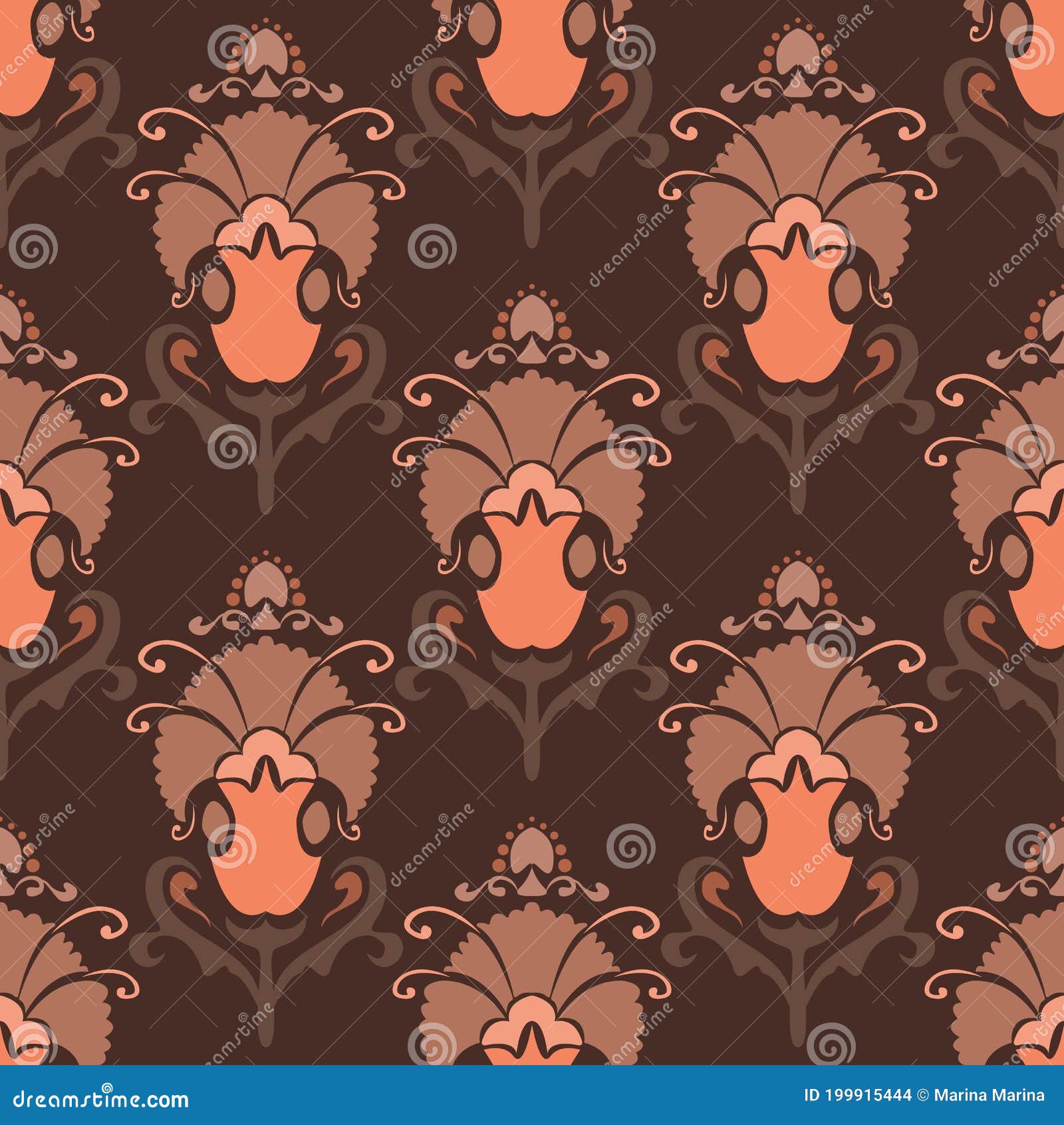 Vector Illustration. Damask Seamless Pattern of Flowers. Pastel Brown ...