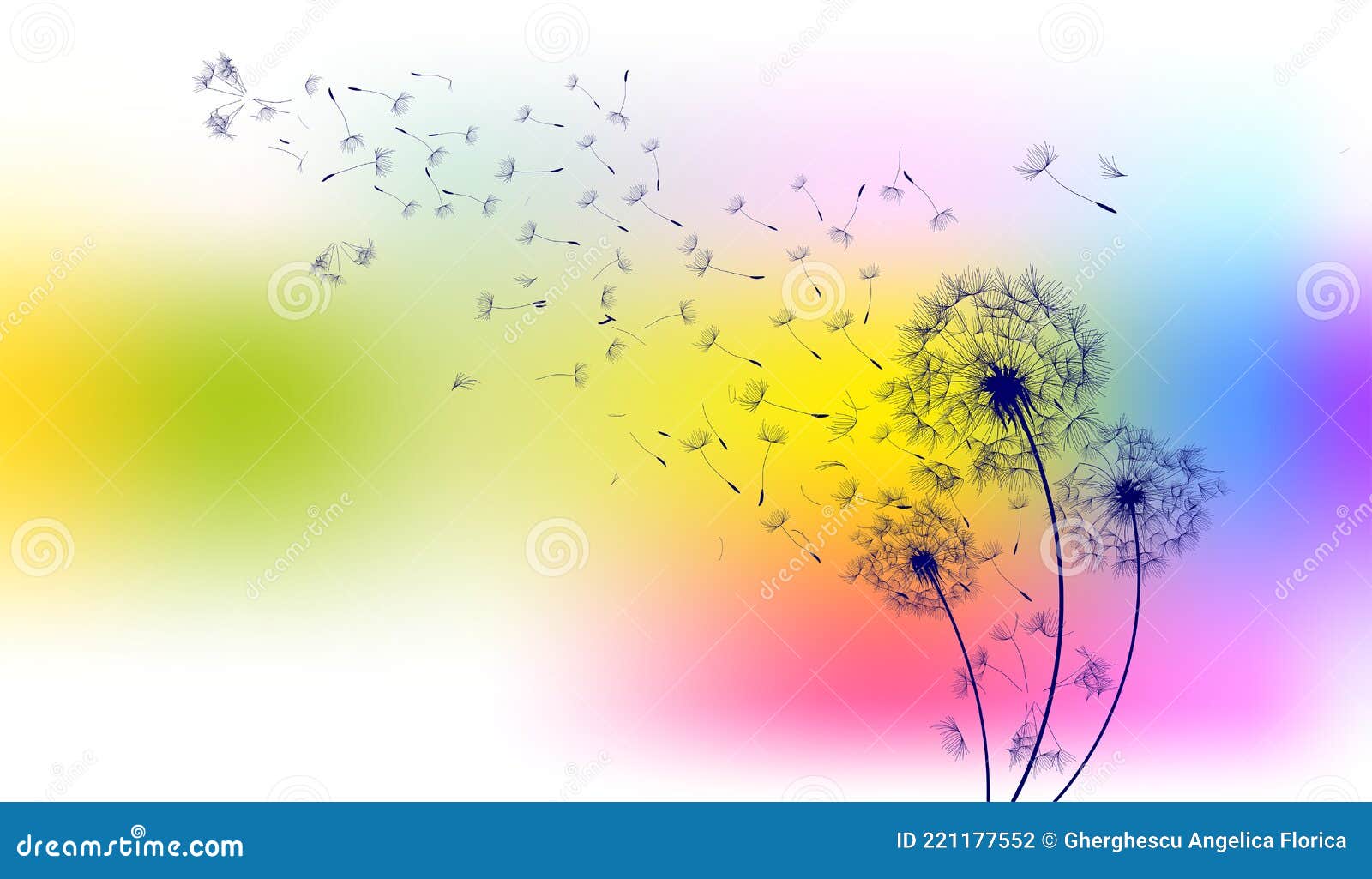 Dandelions Rainbow In The Wind On Black Background - Vector ...