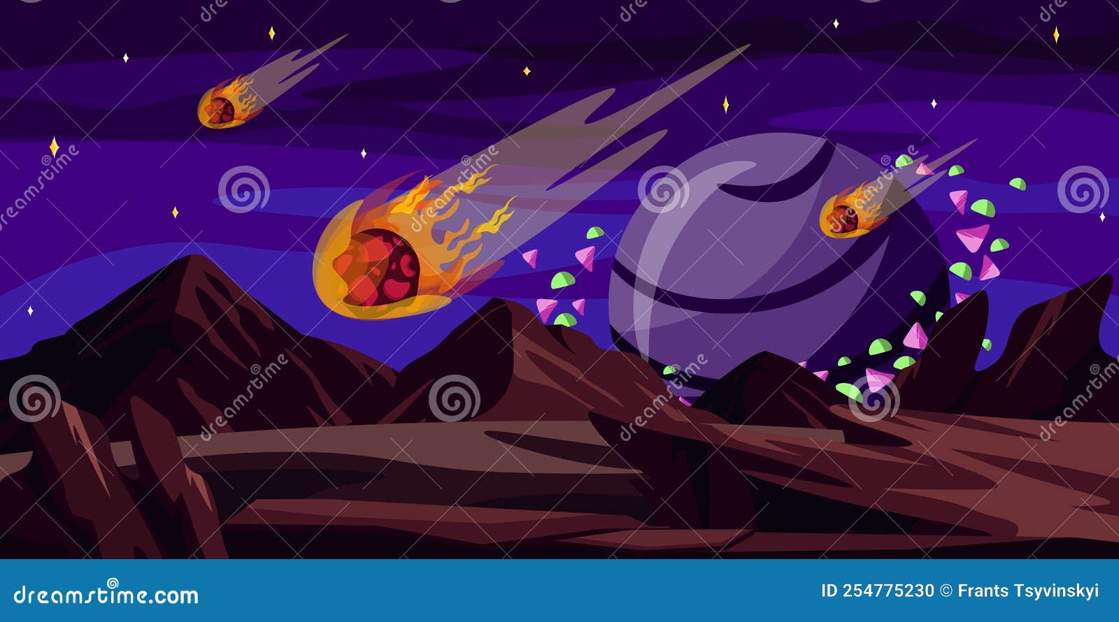 Vector Illustration Dangerous Meteorites. Cartoon Space Landscape with ...