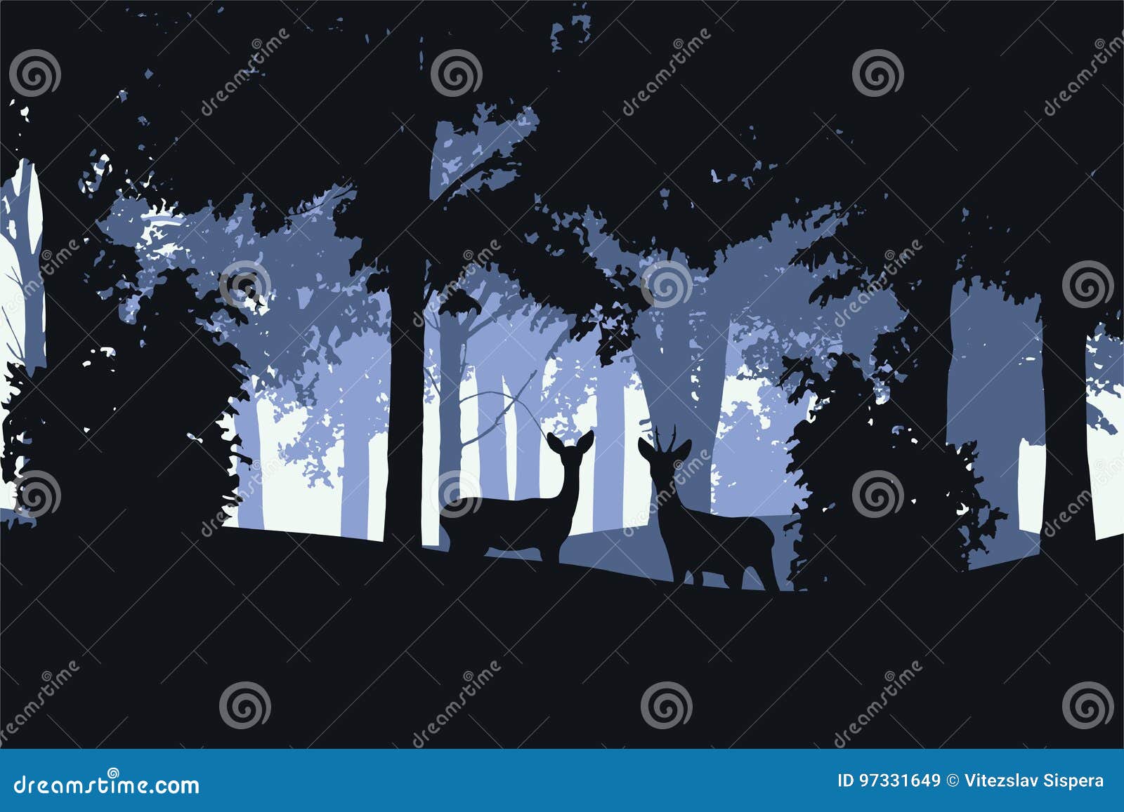 Vector Illustration Of A Deciduous Forest With Doe And Deer ...