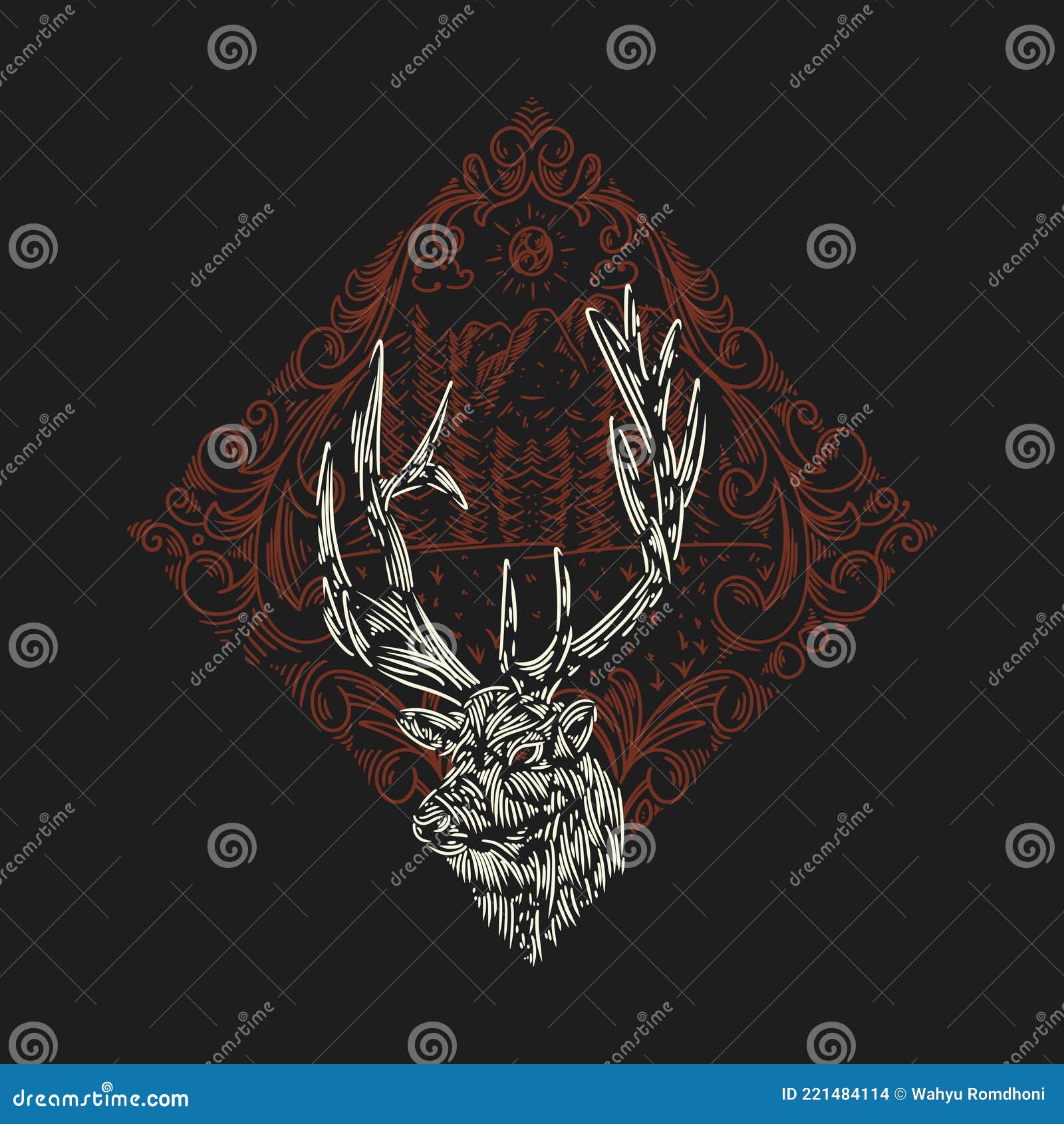 Vector Illustration Deer Head with a Blue Rectangular Ornament ...